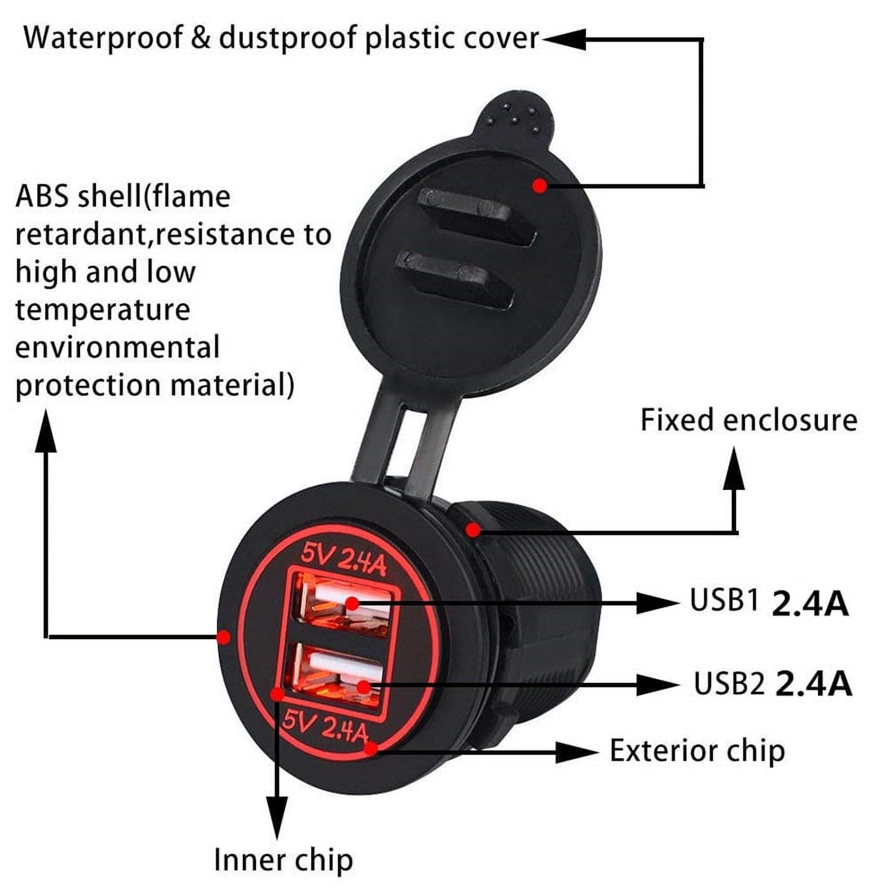 Red LED Dual Outlet Car Boat USB Charger Power Socket 2.4+2.4A w/ Cable ...