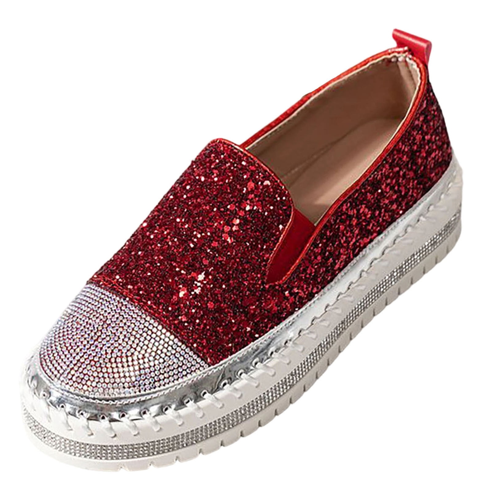 Red Ladies Casual Footwear With Warm Tone Rhinestone Details Round Toe ...