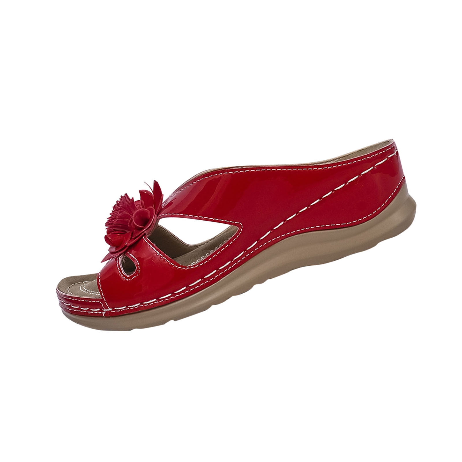 Red Ladies Lightweight Spring Summer Solid Shade Flower Round Toe Open ...