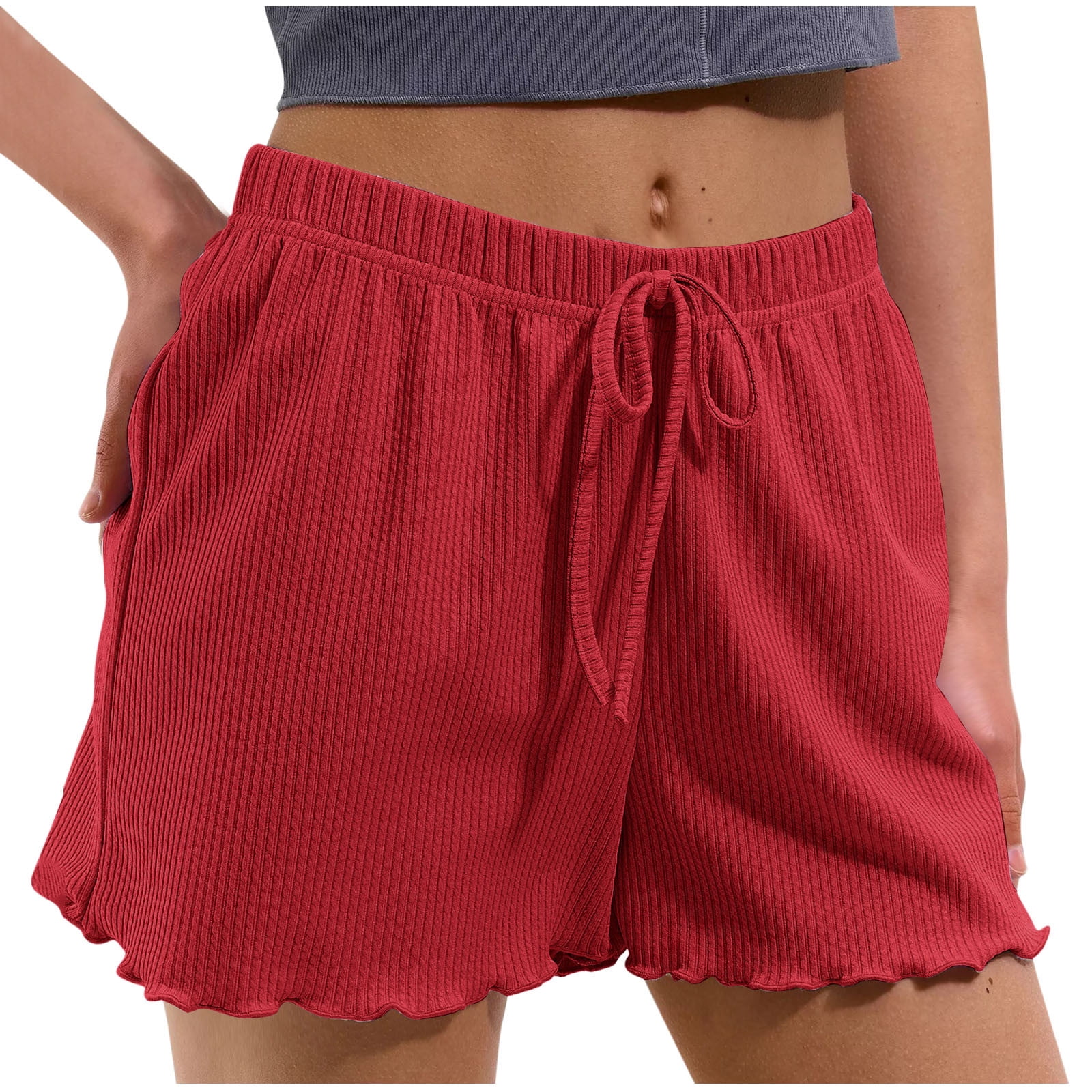 Red Ladies Loose Fit Spandex Shorts for Juniors Casual Ruched Tie Knot ...