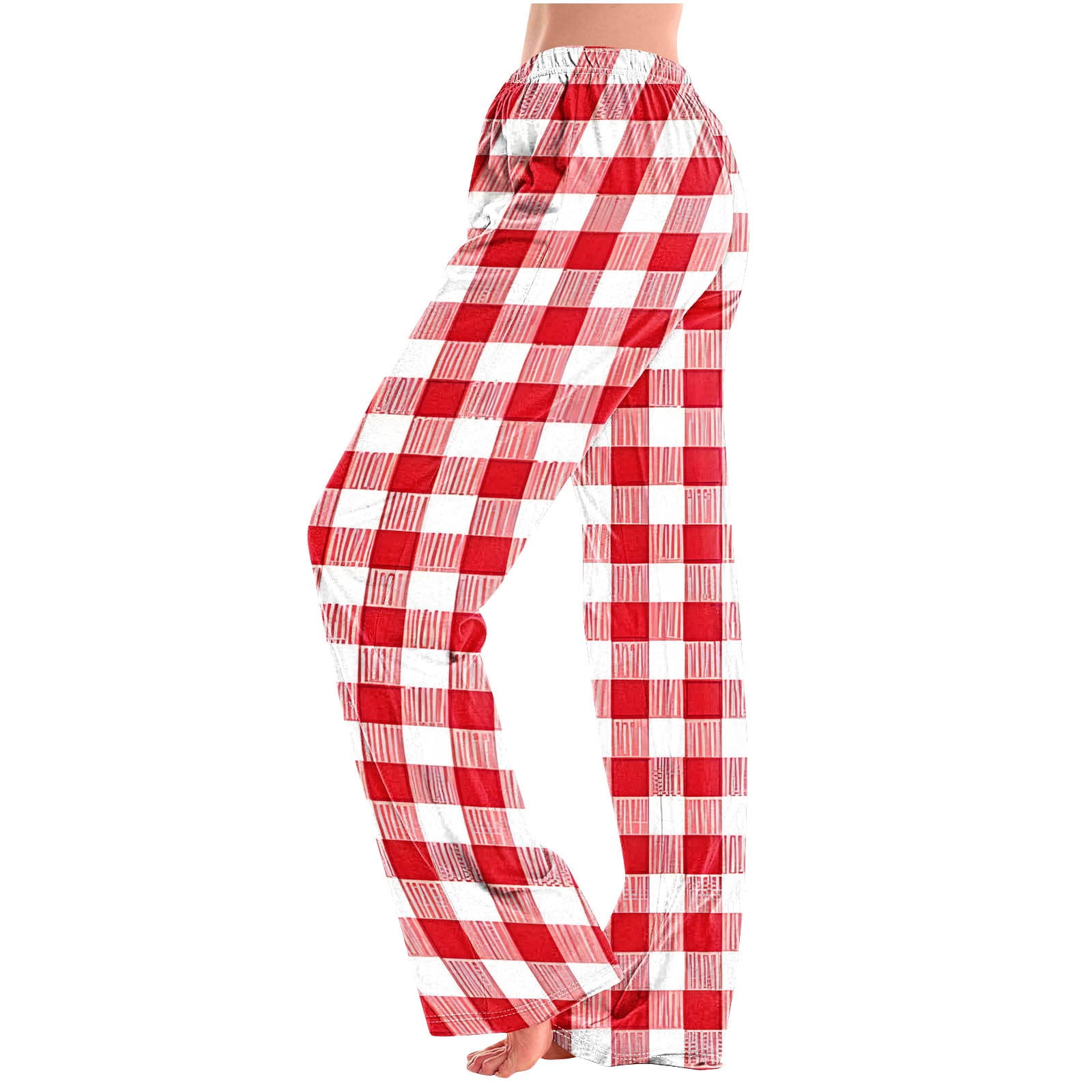 Red Ladies Plaid High Waisted Straight Leg Long Leg Pants Loose Fit ...