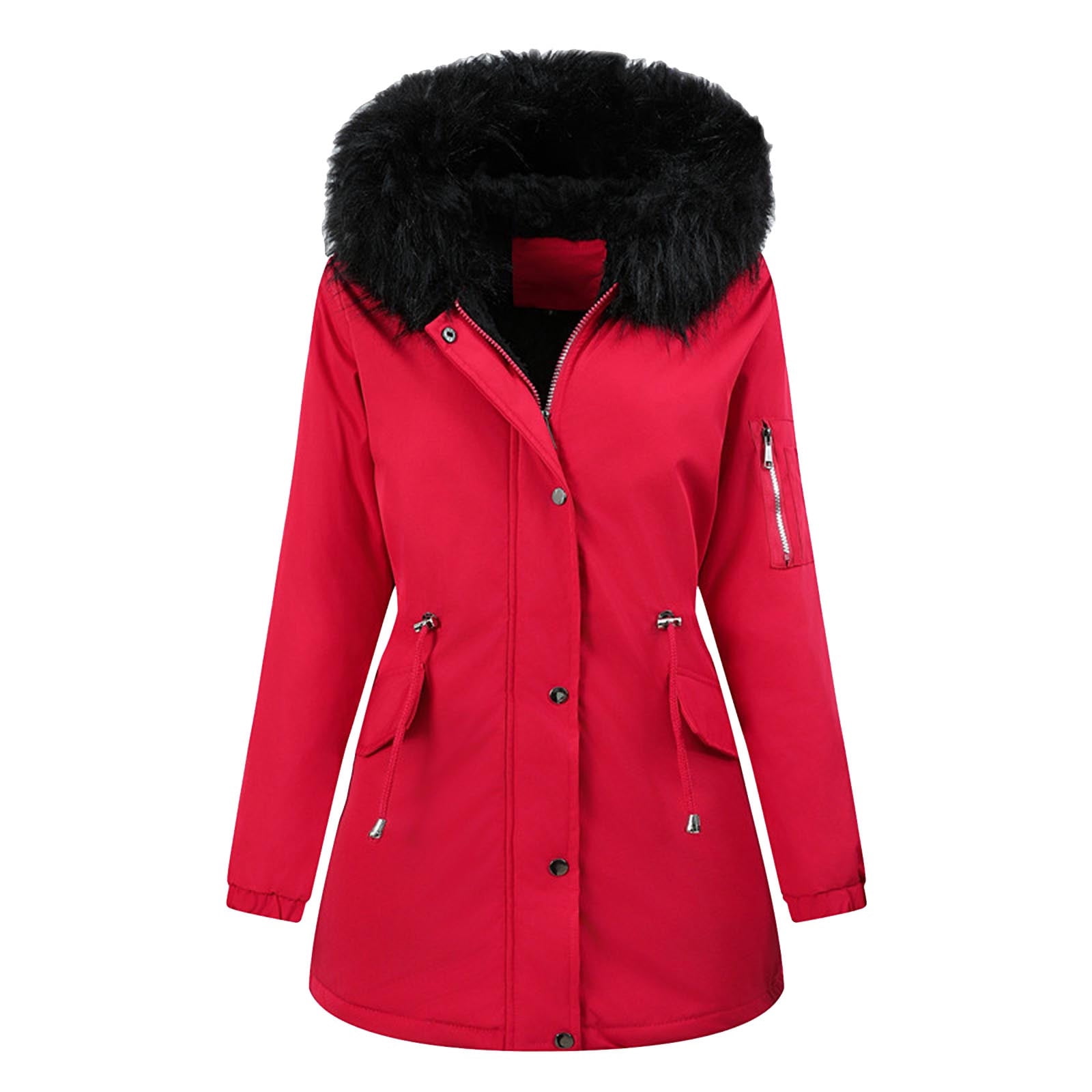 Red Ladies Thermal Fuzzy Hooded Tie Knot Basic Slimming Tunic Parkas ...