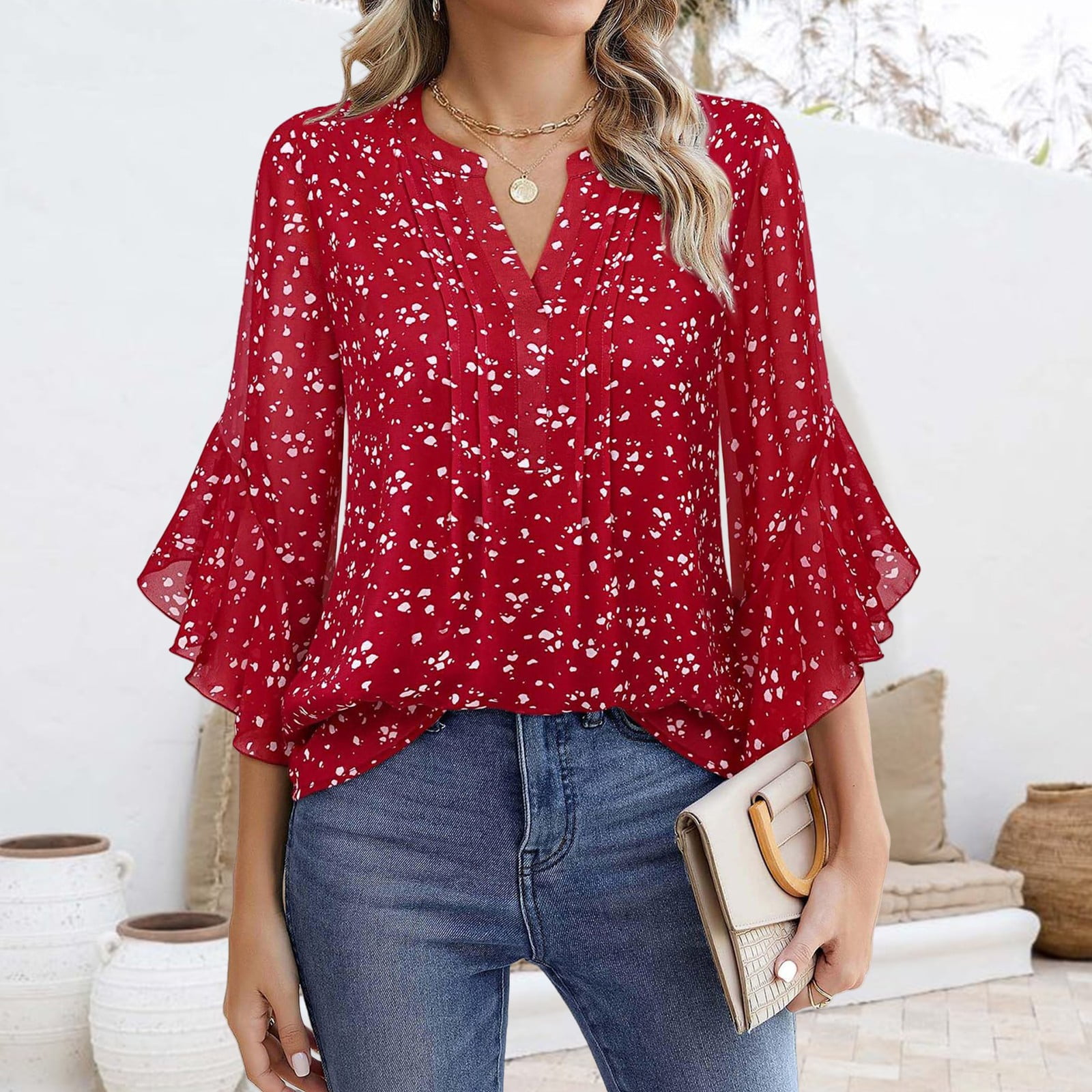 Red Ladies Tops and Blouses Women's 3/4 Sleeve Tops Casual Business ...