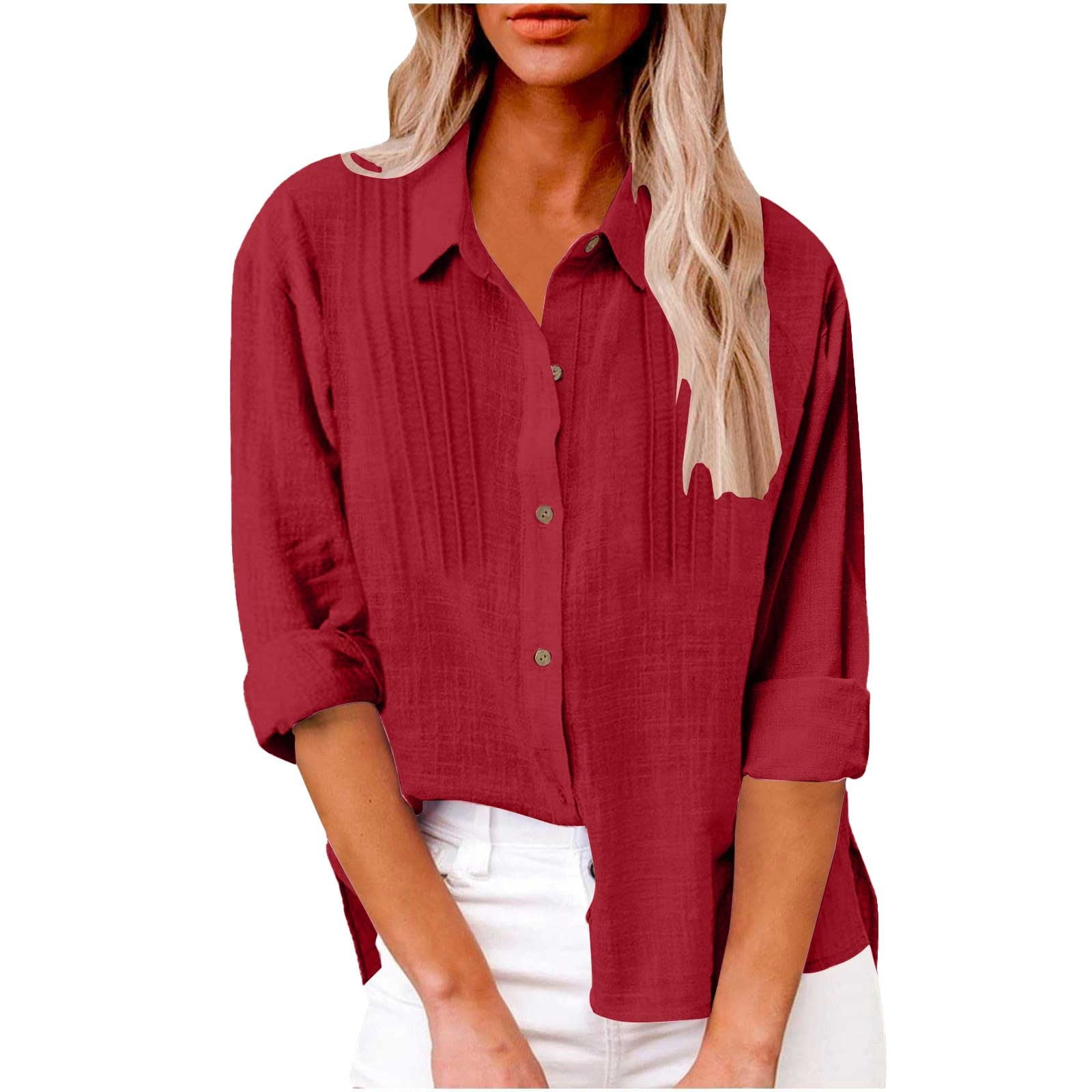 Red Ladies Tops and Blouses Women's Cotton Linen Shirts Trendy Long ...