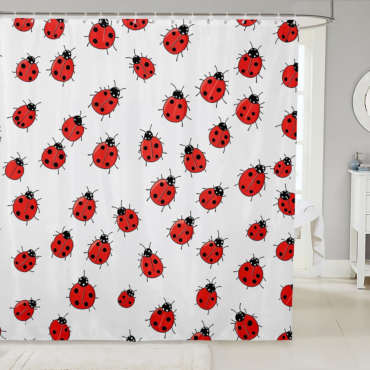 Red Ladybug Bath Curtain 72"Wx84"L Cartoon Bug Pattern Bathroom Curtain ...