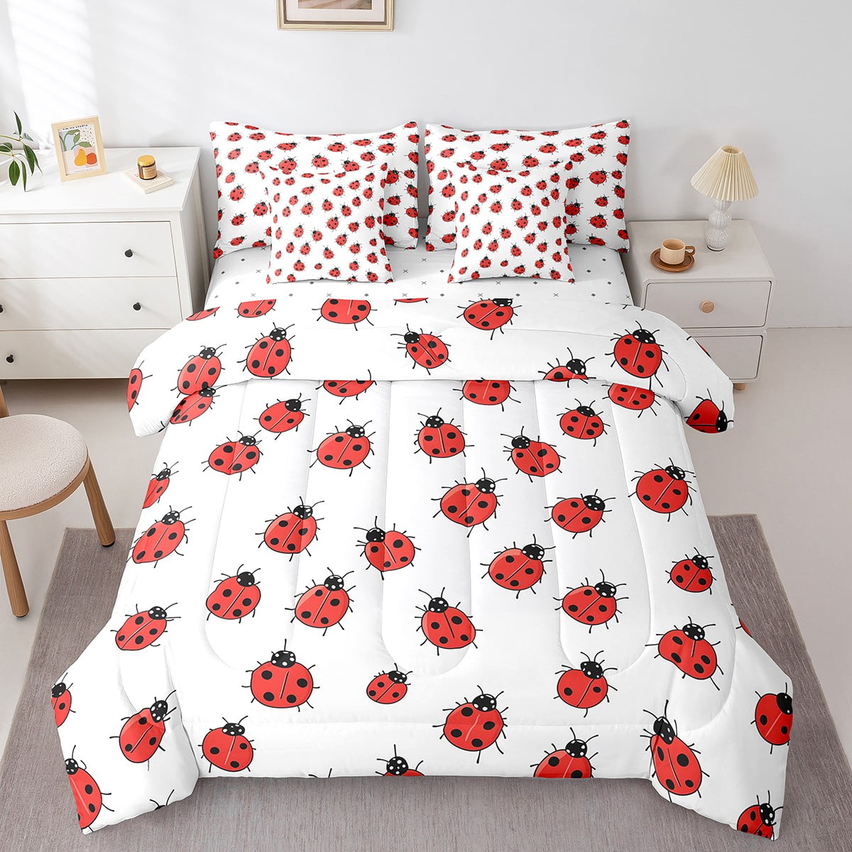 Red Ladybug Comforter Set King Cartoon Bug Pattern Bedding Set For Kids ...