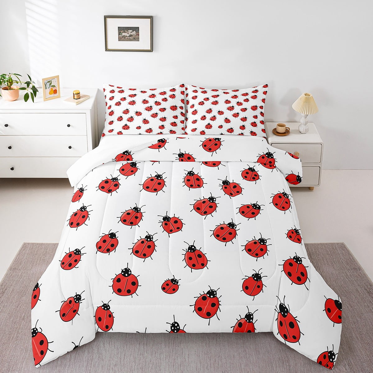 Red Ladybug Comforter Sets King Cartoon Bug Pattern Bedding Set For ...
