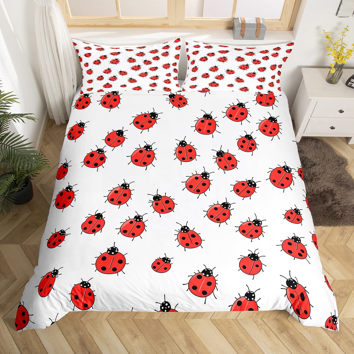 Red Ladybug Duvet Cover Cartoon Bug Pattern Bedding Set,Nature Art Lady ...