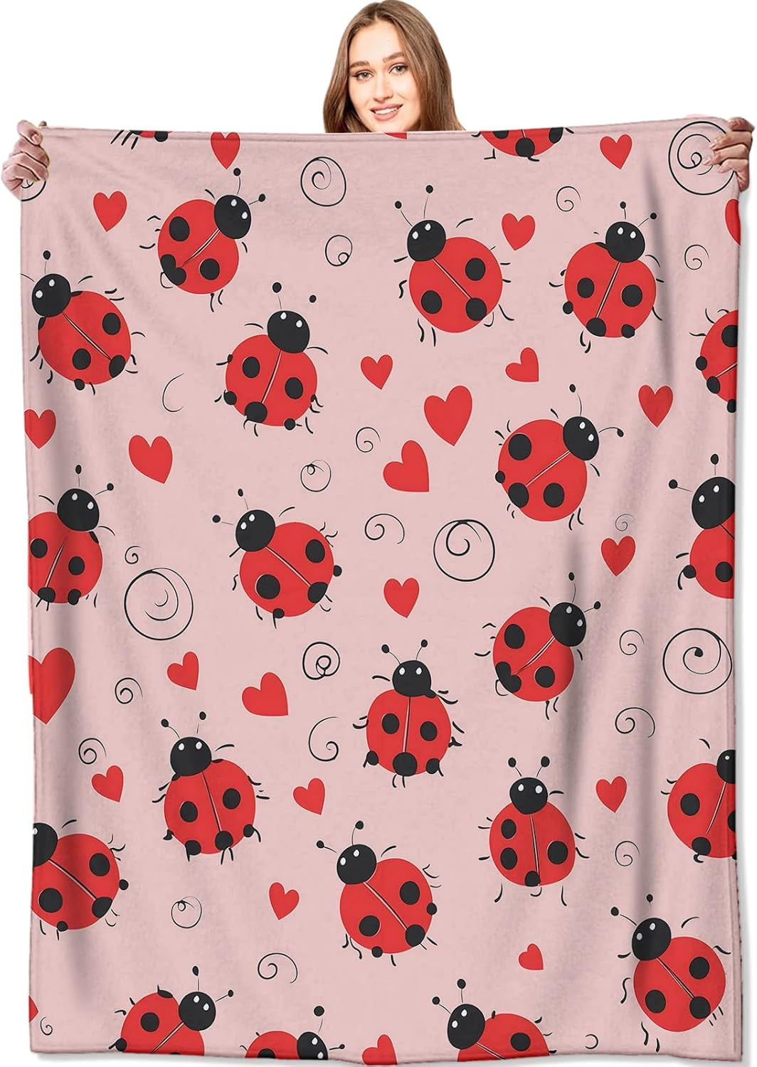 Red Ladybug Love Blanket Hearts and Swirls Pink Throw Blankets,Gifts ...