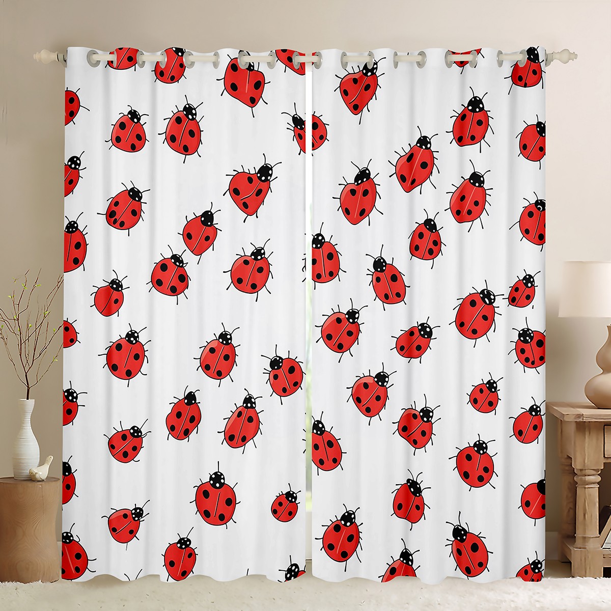 Red Ladybug Window Curtains (38Wx54L) Cartoon Bug Curtains & Drapes ...