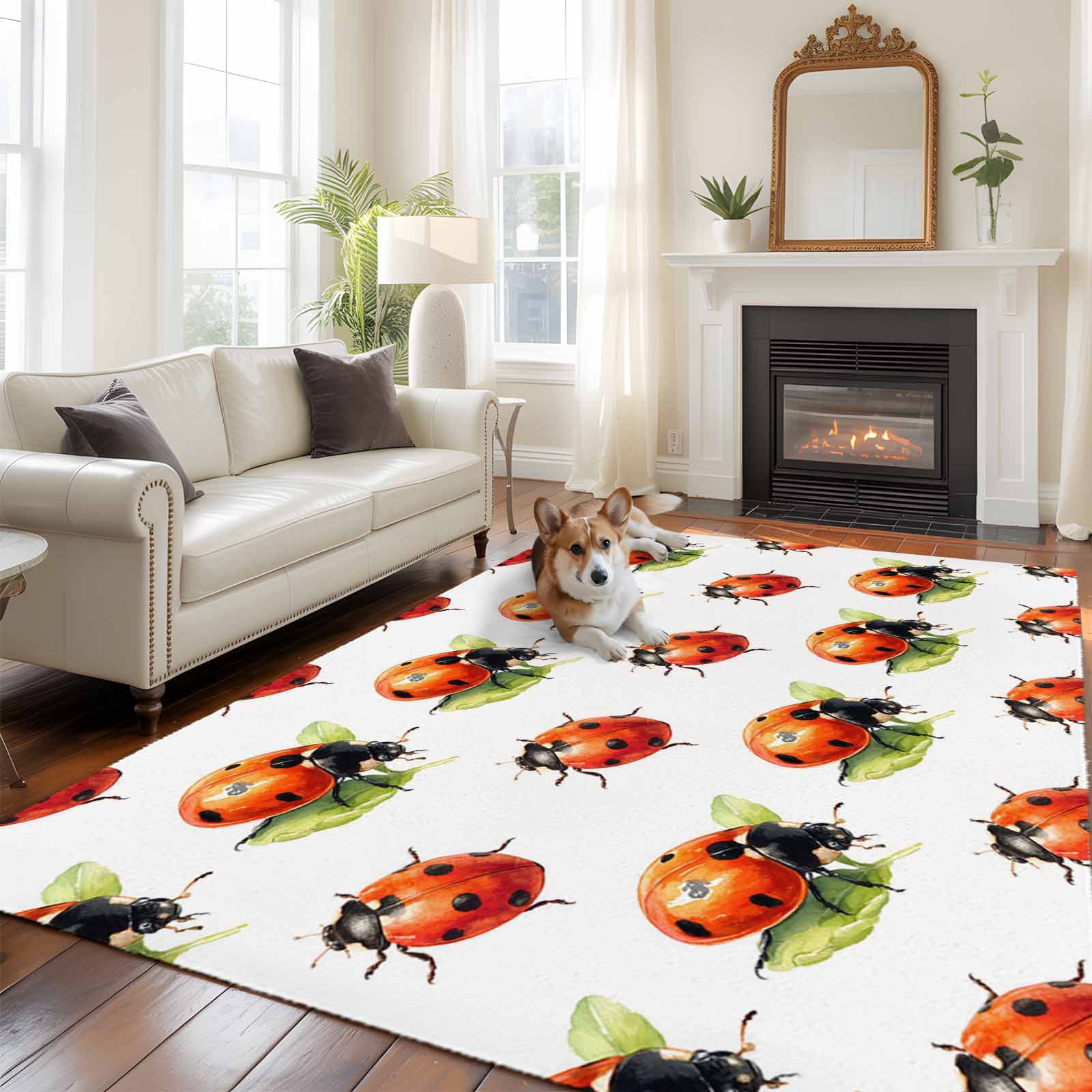 Red Ladybugs Large Area Rugs 8x10 ft Vines Leaf Spring Plant Watercolor ...