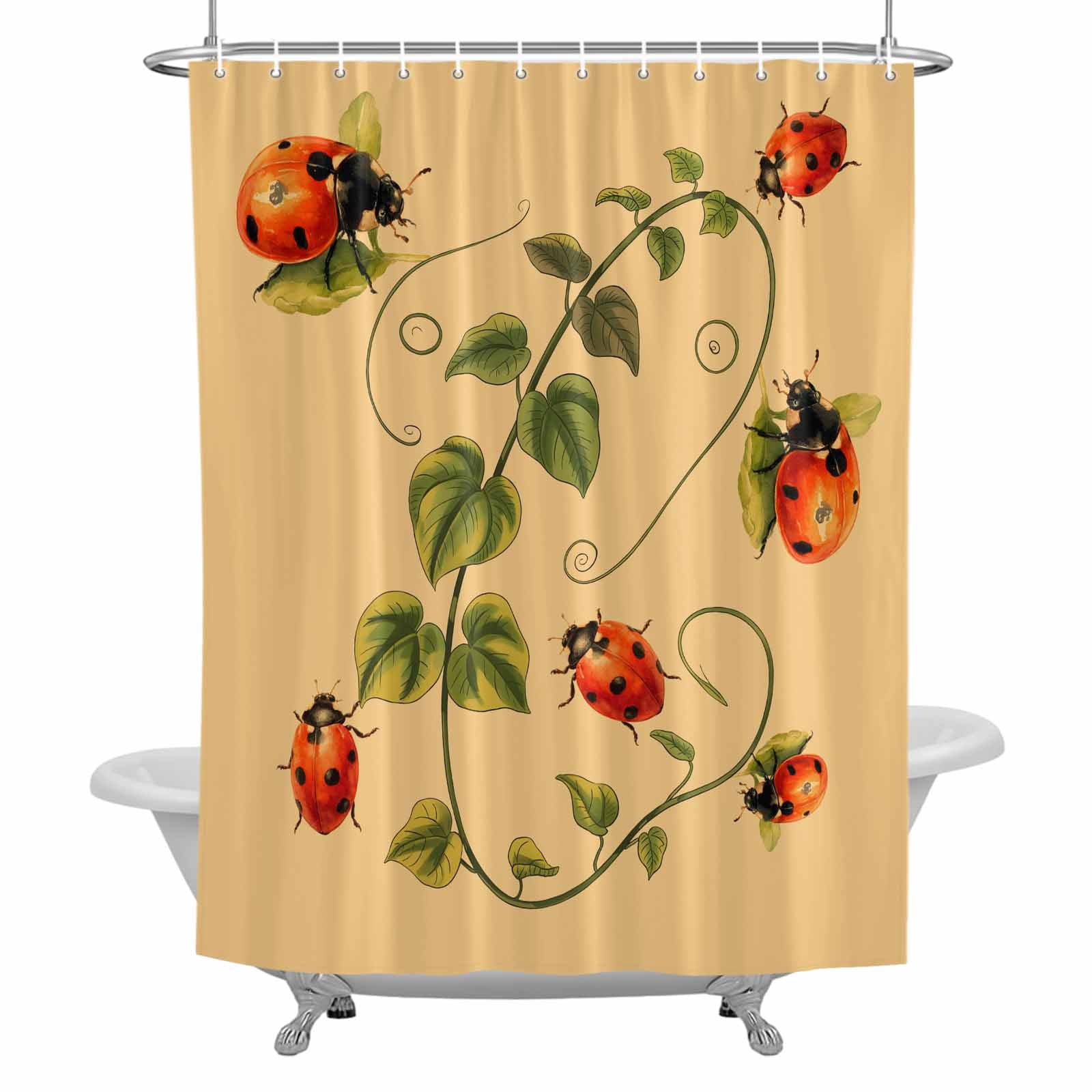Red Ladybugs Shower Curtain for Bathroom, Vines Cartoon Leaves Spring ...