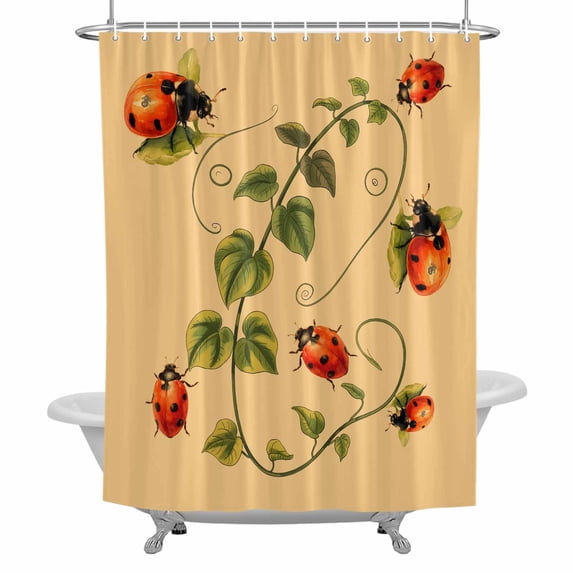 Red Ladybugs Shower Curtain for Bathroom, Vines Cartoon Leaves Spring ...