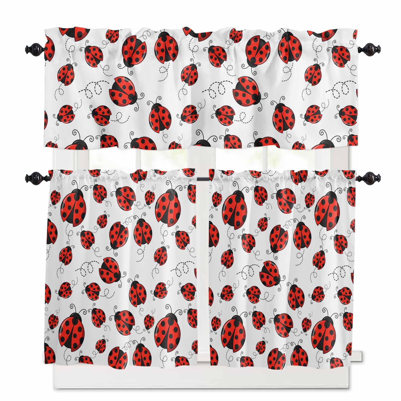 Red Ladybugs Window Curtains Valance Set of 3 Country Cute Ladybug Red ...
