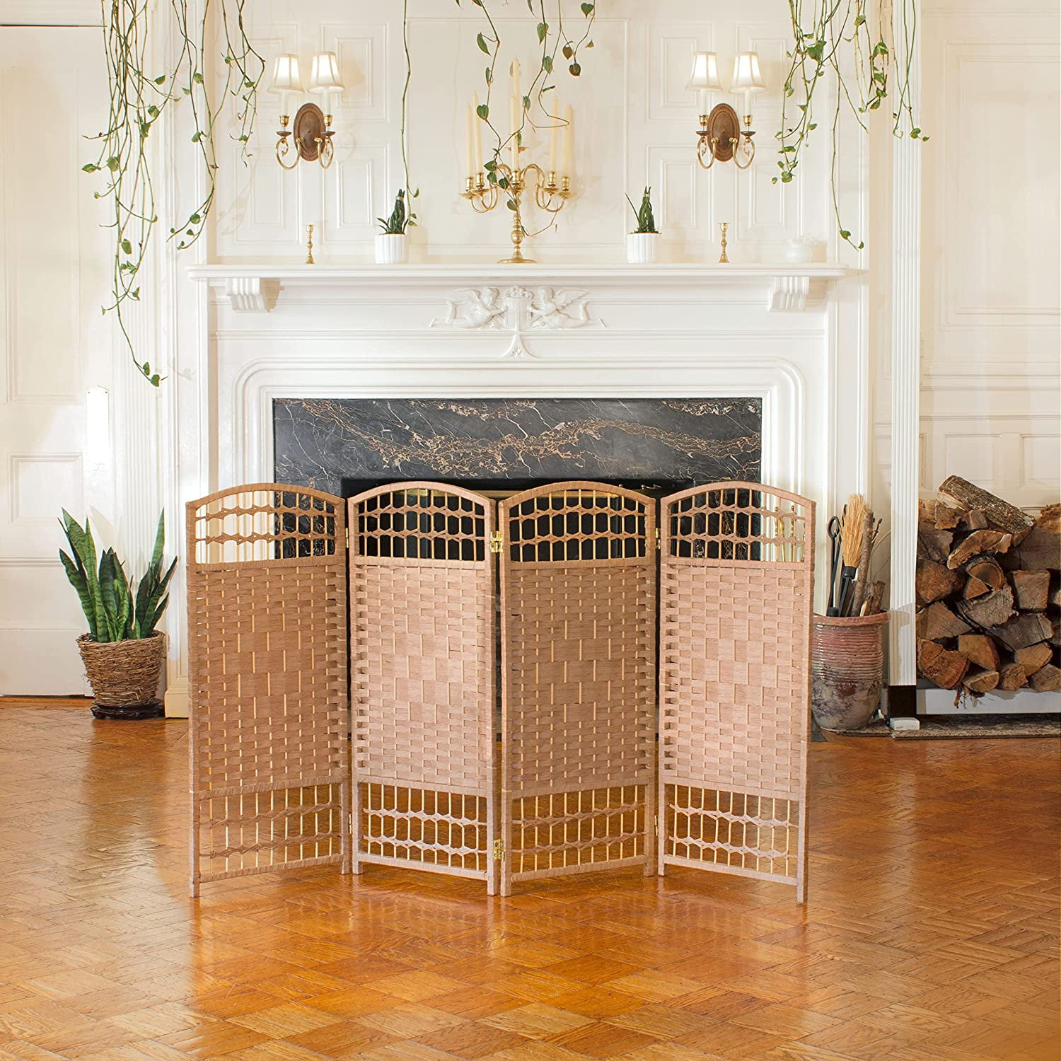 Red Lantern 3 ft. Short Fiber Weave Folding Screen - Natural - 4 Panels ...