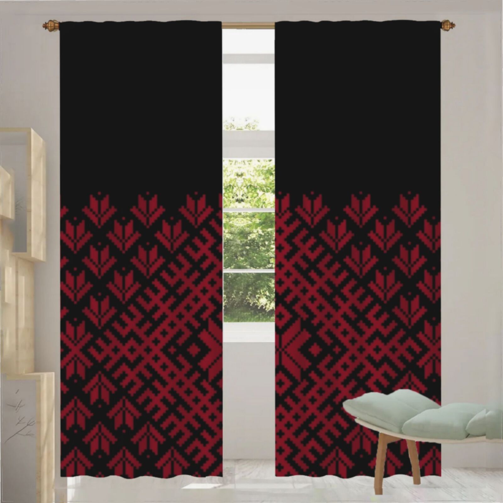 Red Latvian Lielvarde Belt Motif Curtains for Living Room Bedroom Decor ...
