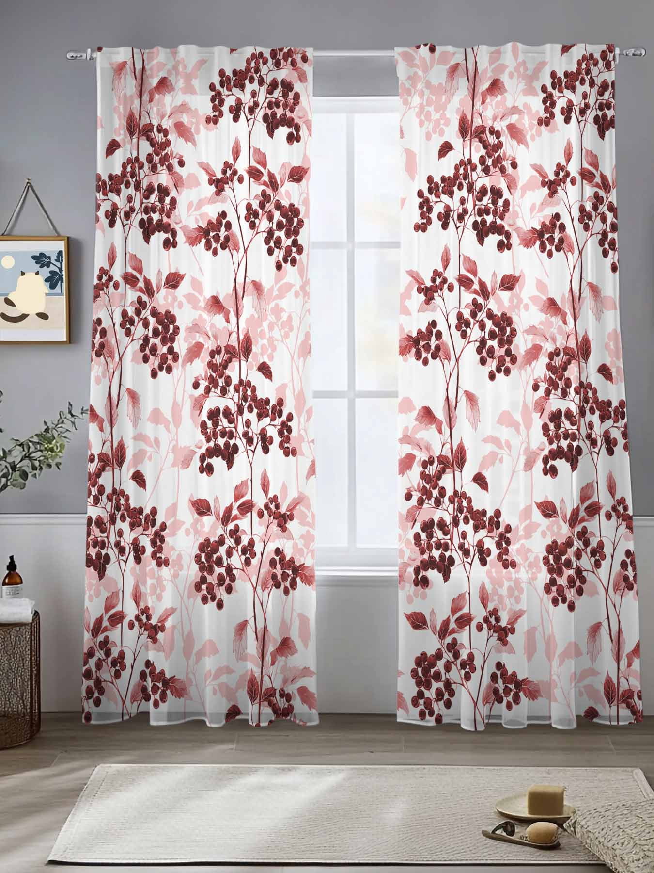 Red Leaf Fruit Sheer Curtains 108 Inches Long 2 Panels Plant Nature ...
