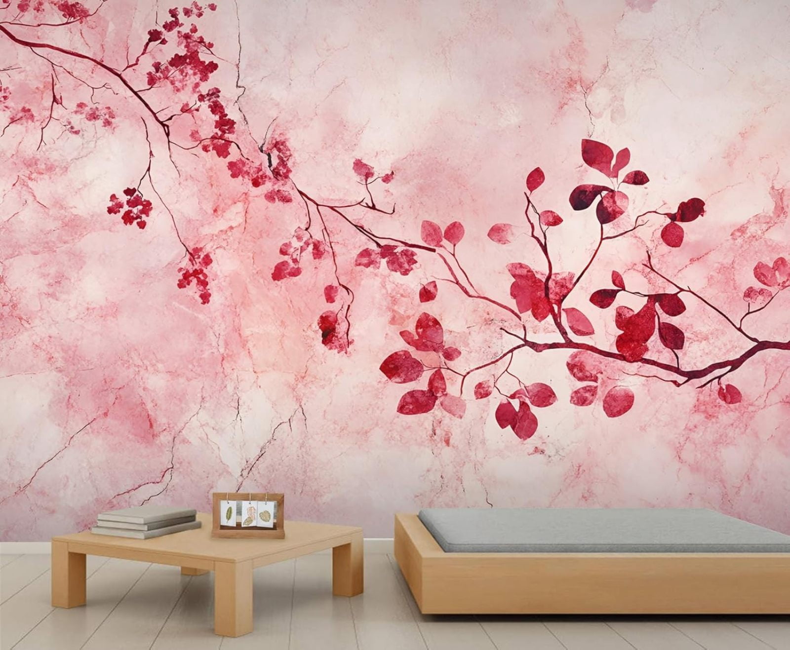 Red Leaves Mural Wallpaper, Abstract Marble Texture Wall Mural, Marble ...