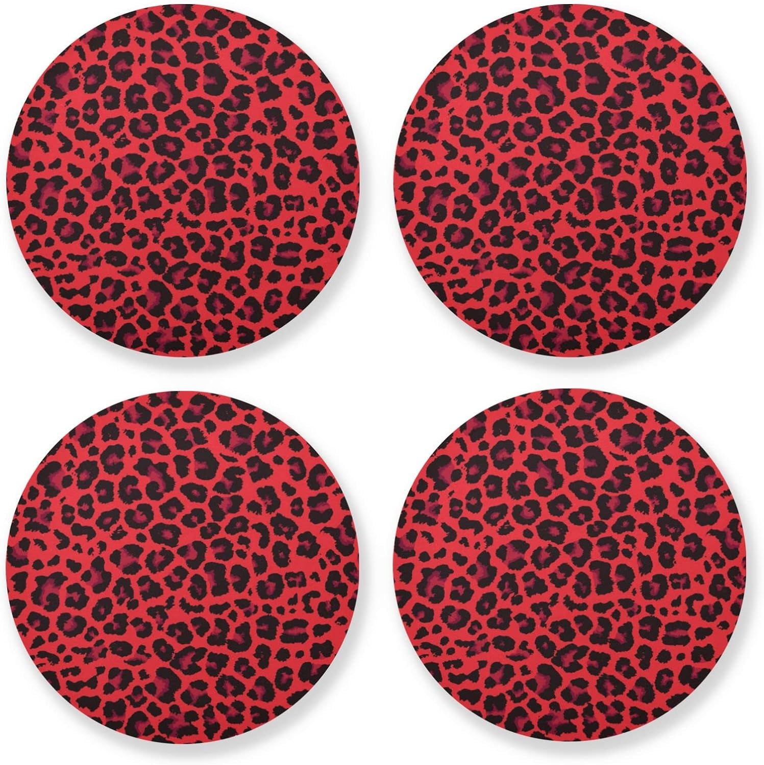 Red Leopard Print Cheetah Drinks Coasters, Non-Scratch Cork Base Round ...