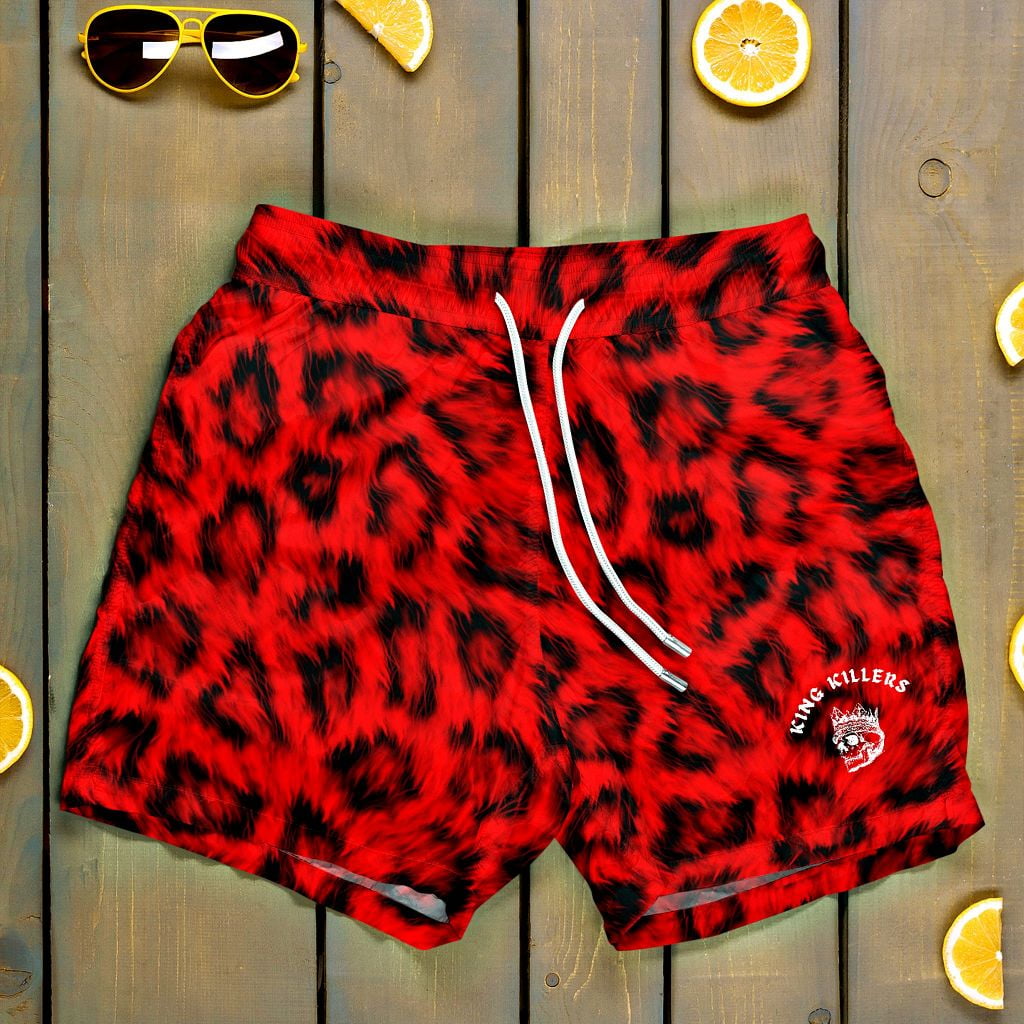 Red Leopard Print Mid Thigh Cut Swim Trunks - Walmart.com