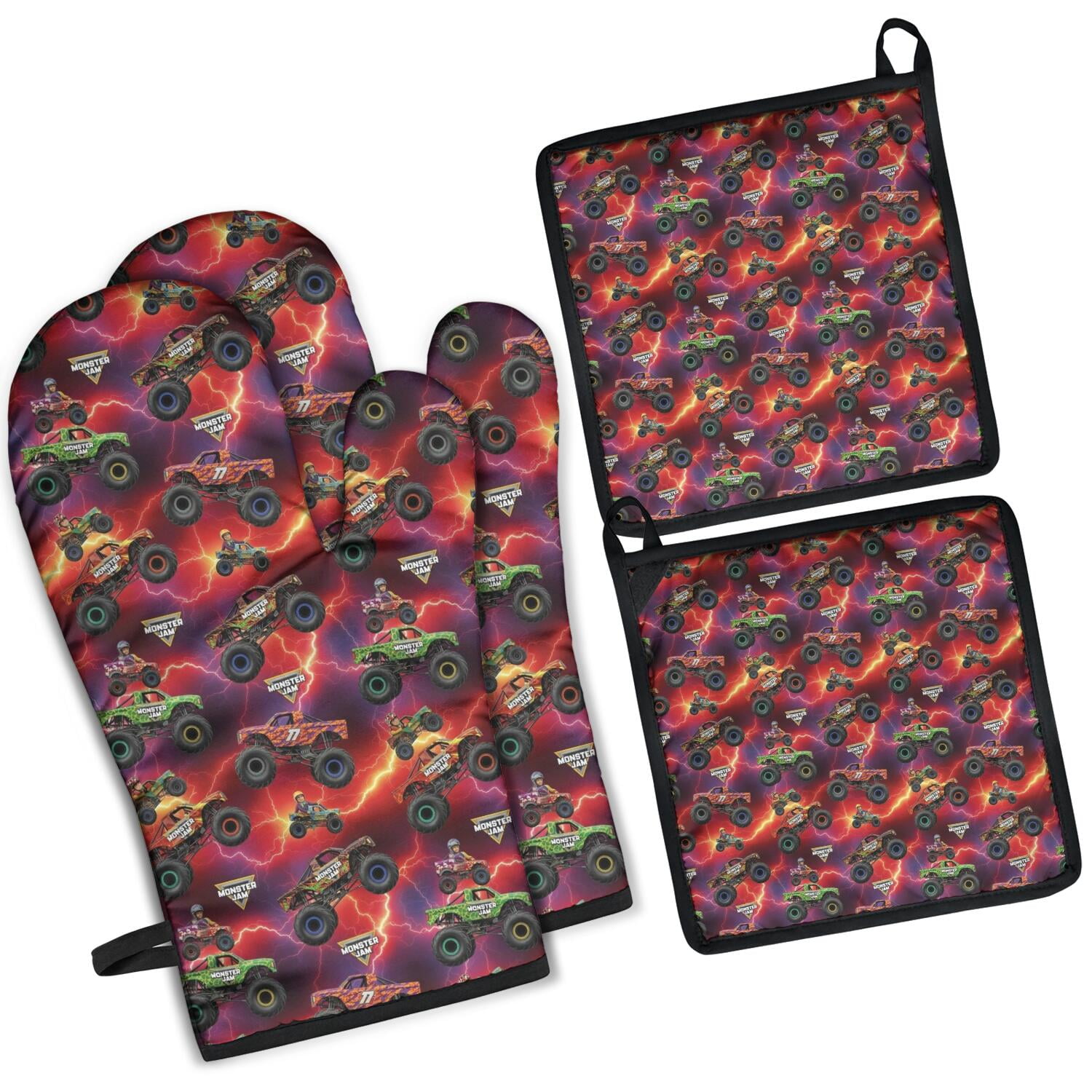 Red Lightning Monster Cartoon Trucks Pattern Kitchen Oven Mitt and Pot ...