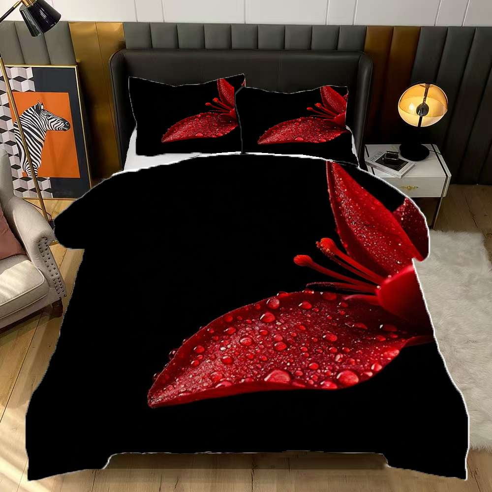 Red Lily Dew Drops Dark Background Comforter Set Queen Size Bedding Set For Travl Bedroom Decor ...