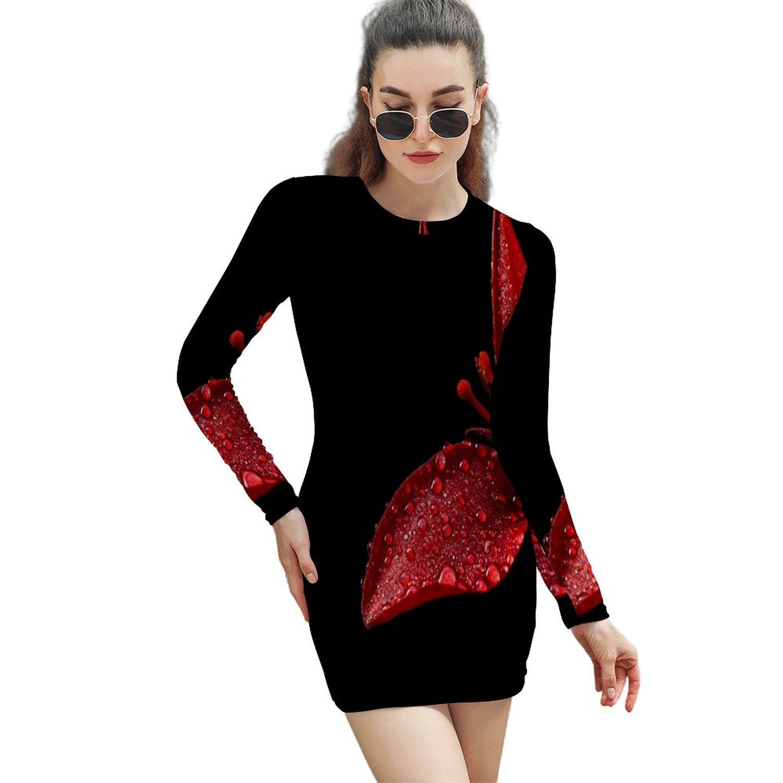 Red Lily Dew Drops Dark Background Women's Long Sleeve Bodycon Dress ...