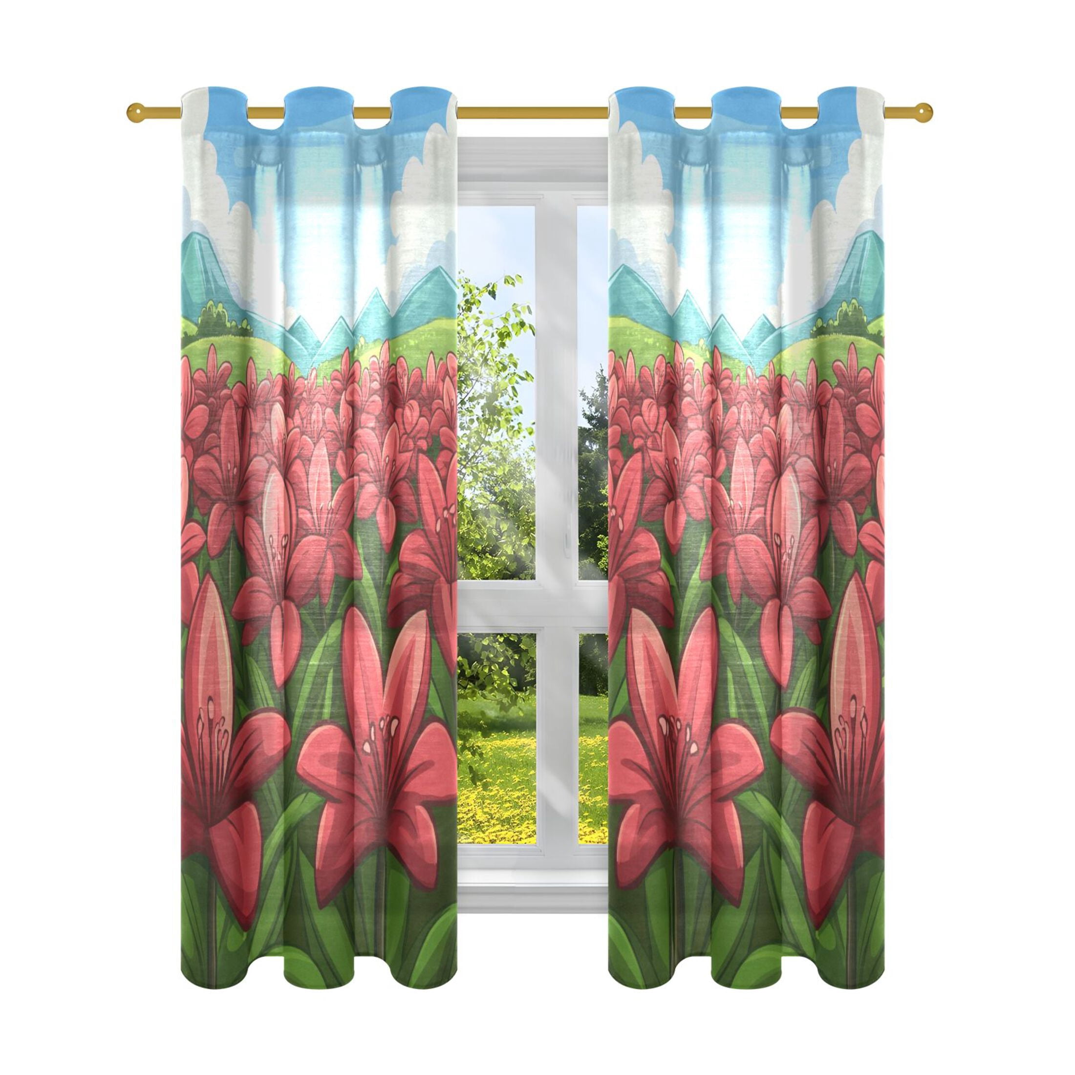 Red Lily Flower Field Semi Sheer Curtains for Living Room Bedroom Set ...