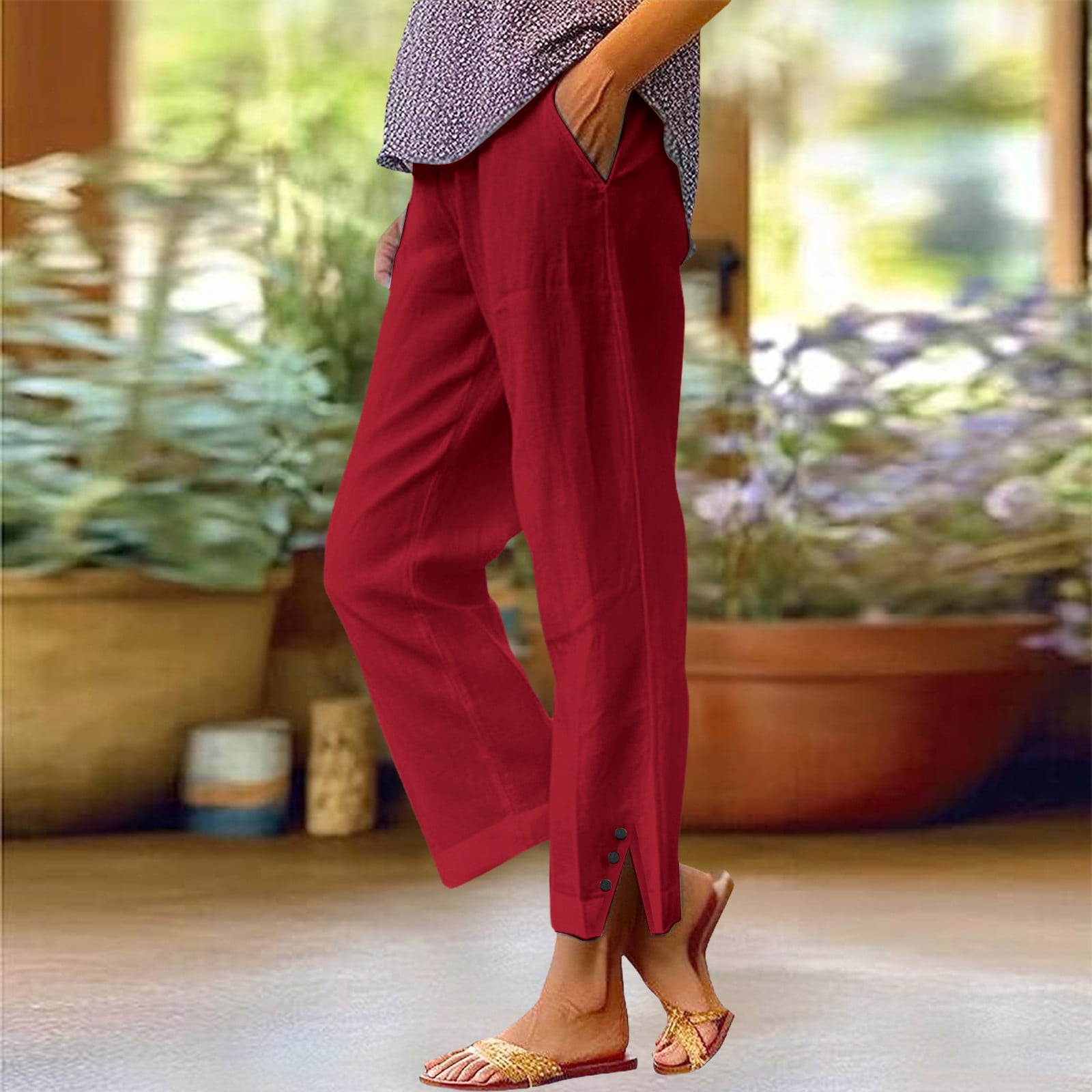 Red Linen Pants Women Solid Straight Solid Elastic Pants Long Linen ...