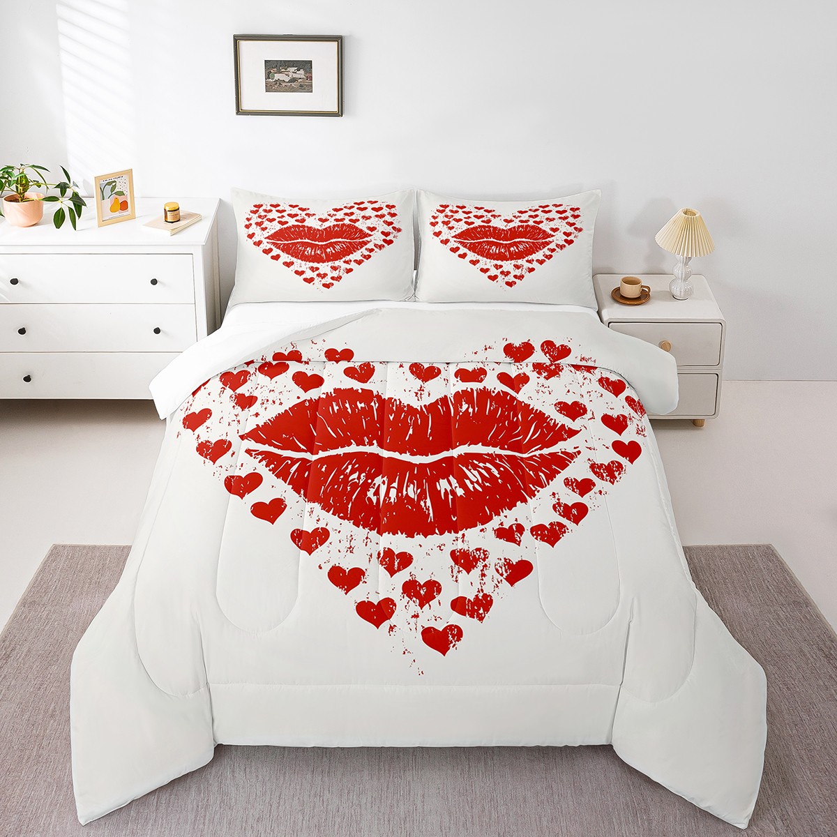 Red Lip Comforter Set Kiss Lips for Woman Twin Bedding Sets Love Heart ...