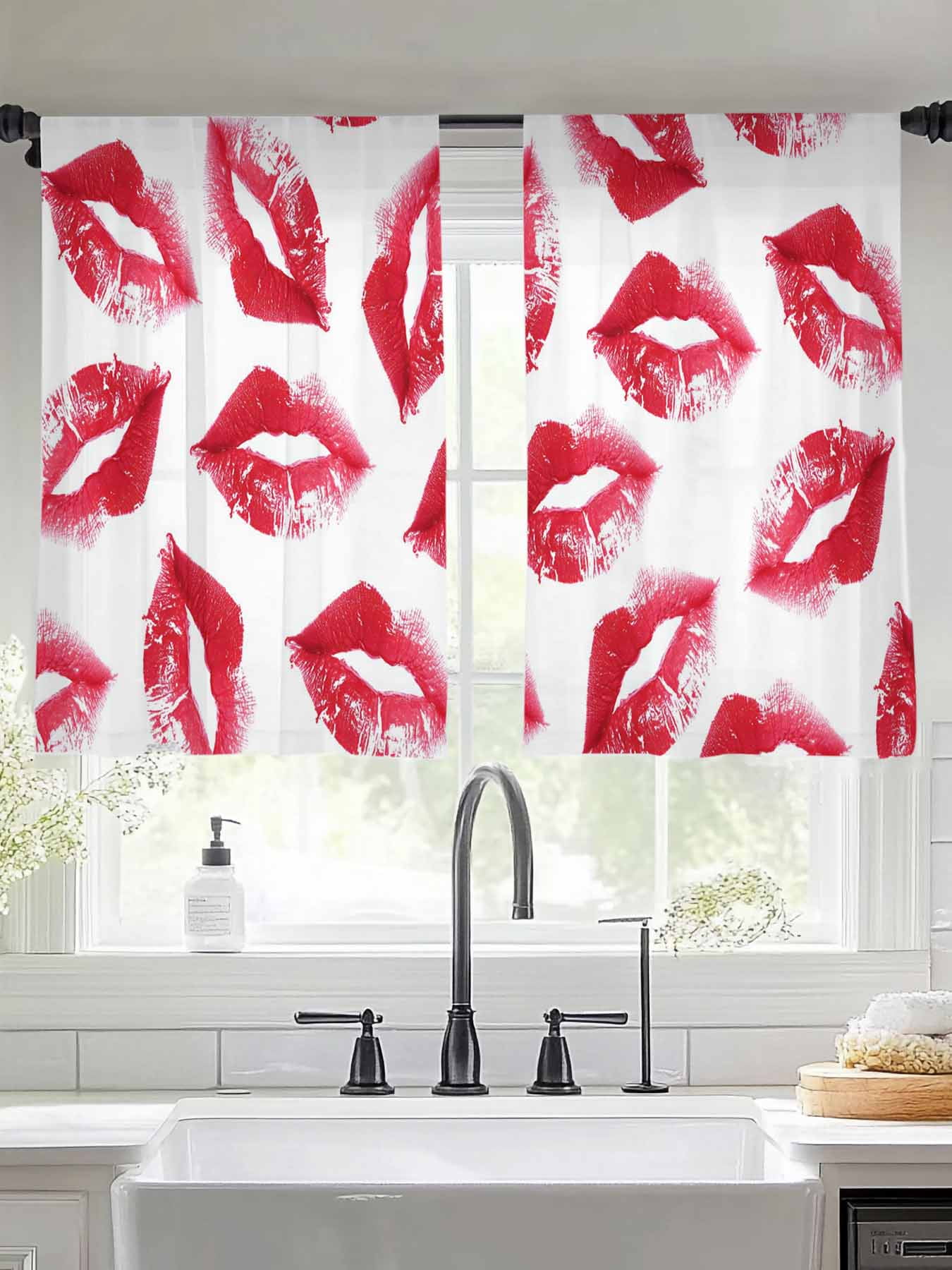Red Lipprint Texture Sheer Curtains 45 Inches Long 2 Panels Retro ...
