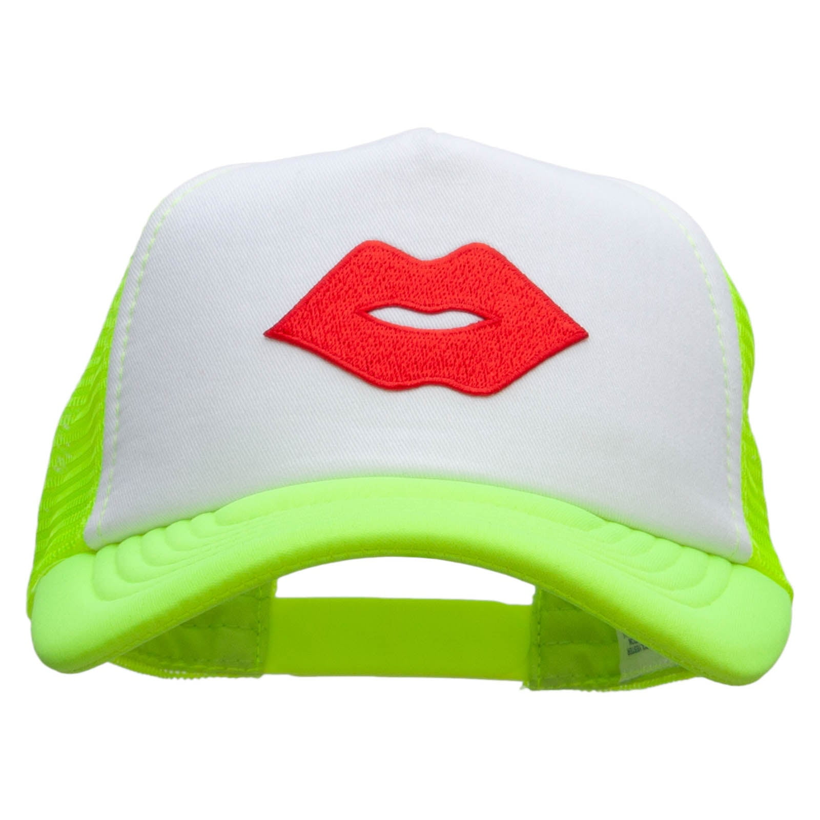 Red Lips Embroidered Patched Cotton Trucker Cap - Neon Yellow OSFM ...