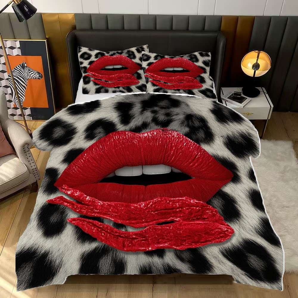 Red Lips Leopard Print Fashion Wild Glamorous Comforter Set King Size Bedding Set For Travl ...