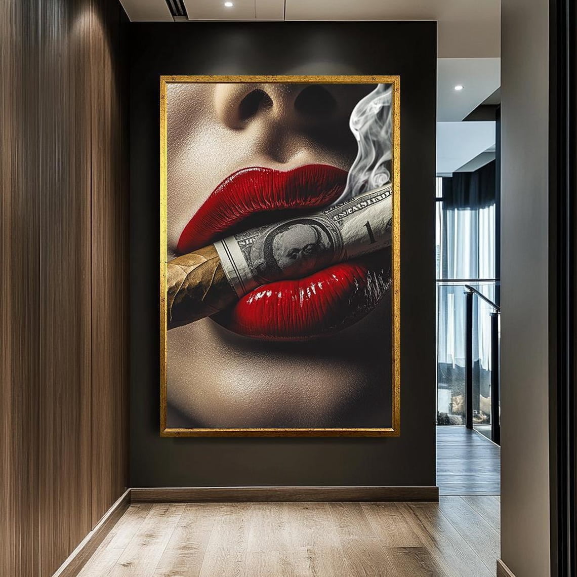 Red Lips And Money Cigar Canvas Print, Bold Modern Pop Art, Luxury Wall ...