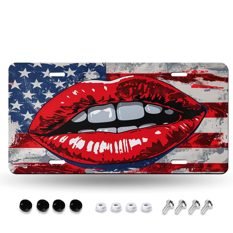 The Red Lips with Mouth Open on American Flag License Plate Frame ...