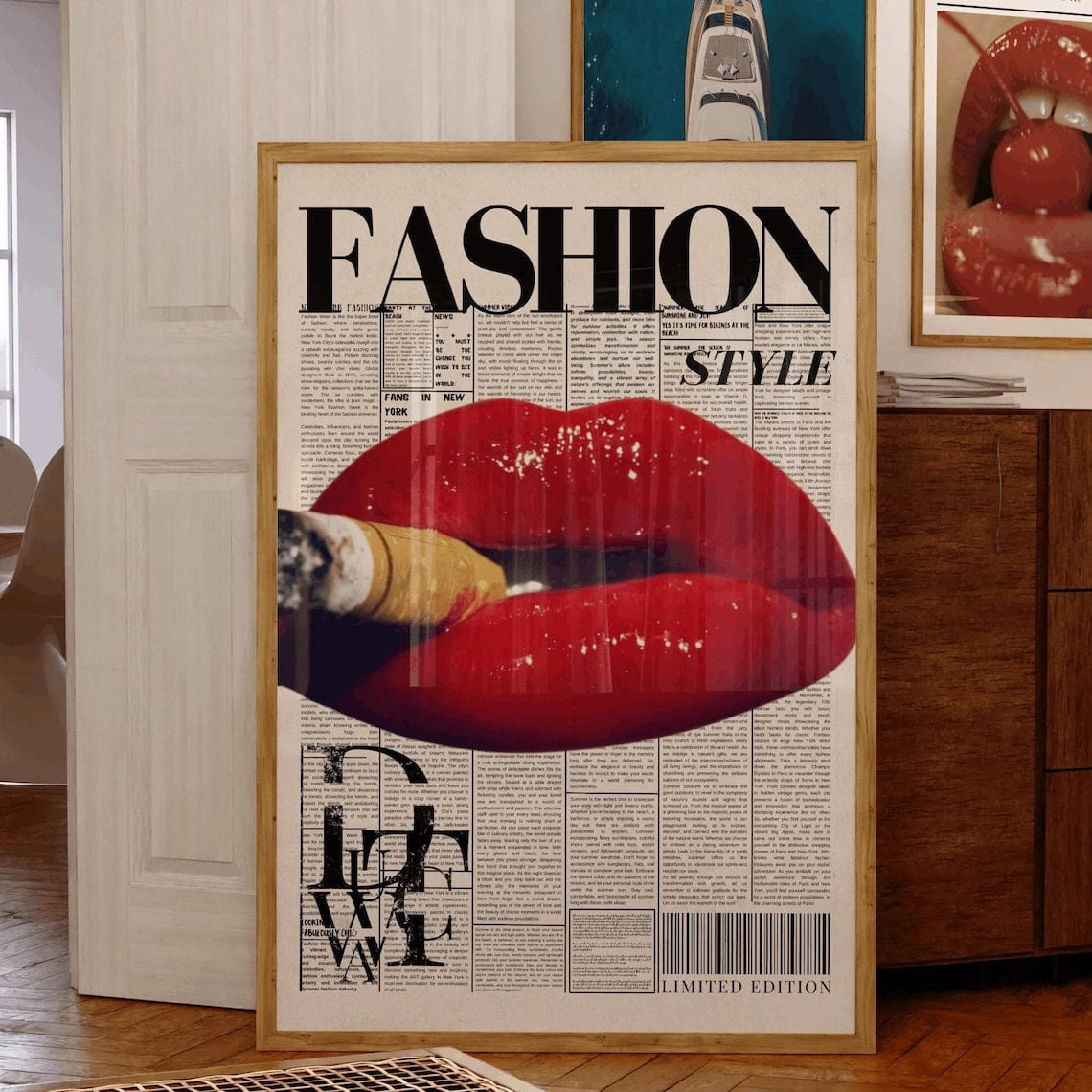 Red Lips Print, 70S Poster, Red Wall Art, Retro Print, Cigarette Print ...