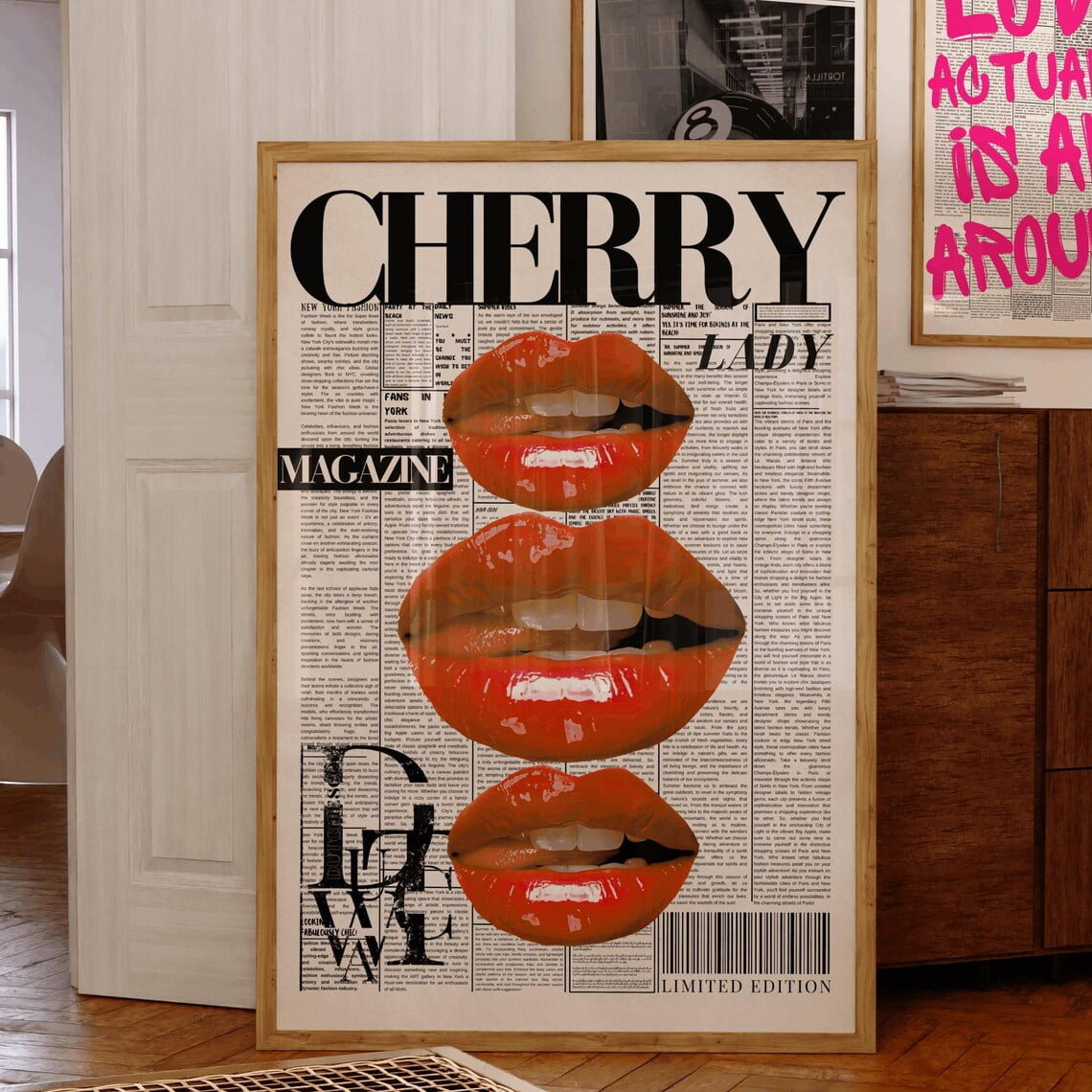 Red Lips Print, Cherry Poster, 70S Wall Print, Fashion Wall Art, Typography Print, Red Poster ...