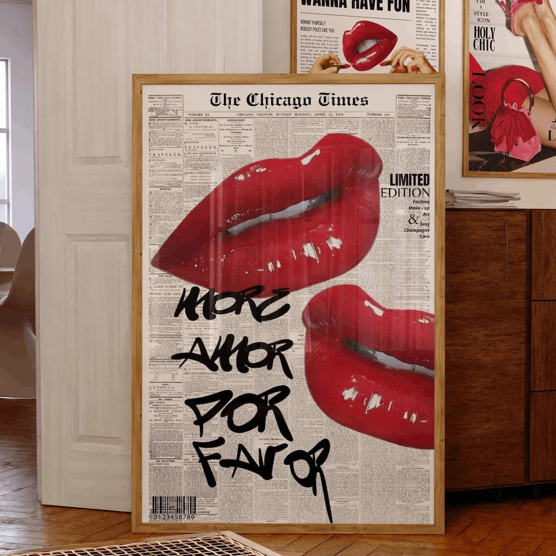 Red Lips Print, Typography Poster, 70S Wall Art, Retro Newspaper Poster ...