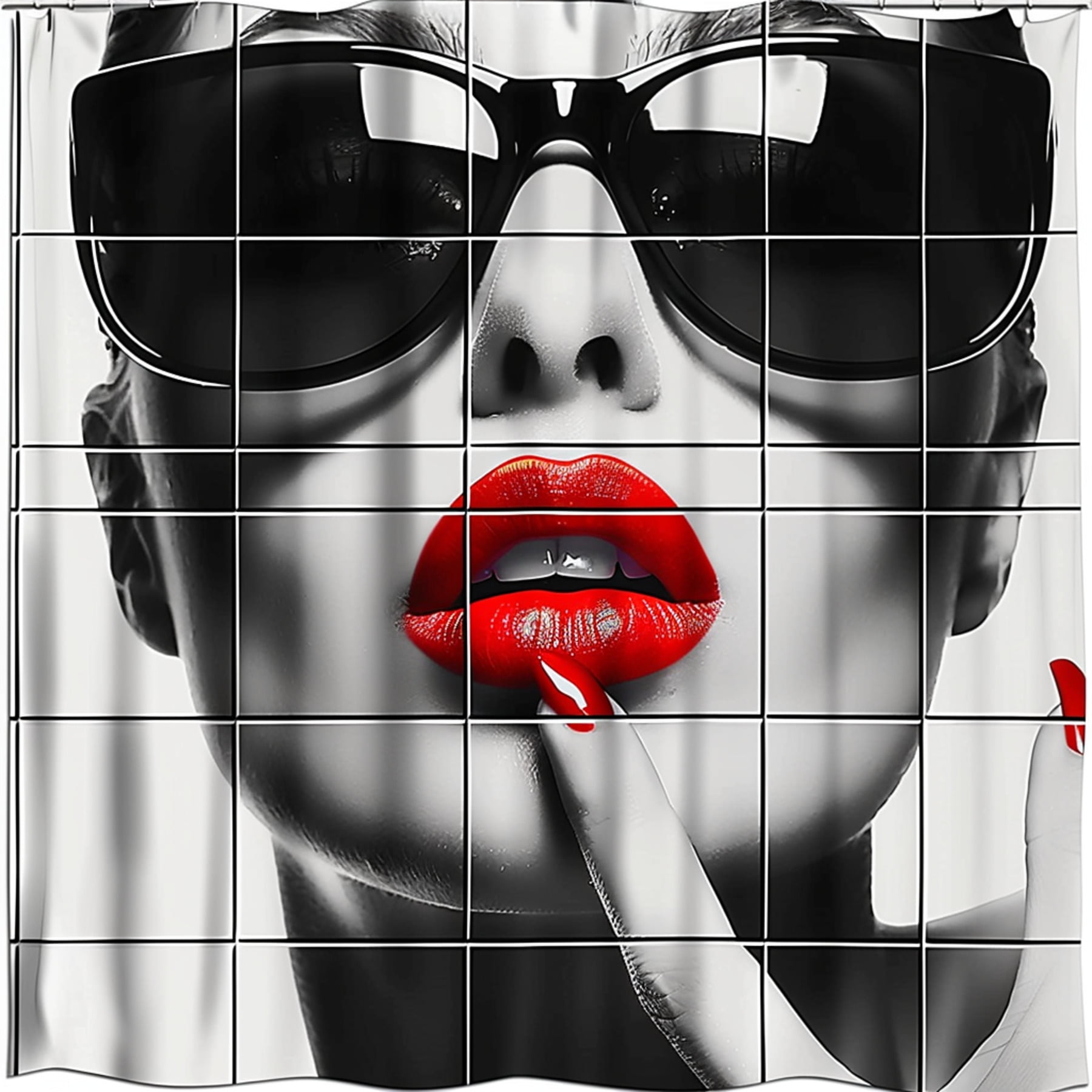 Red Lips & Sunglasses Grid Design Shower Curtain Print on White ...
