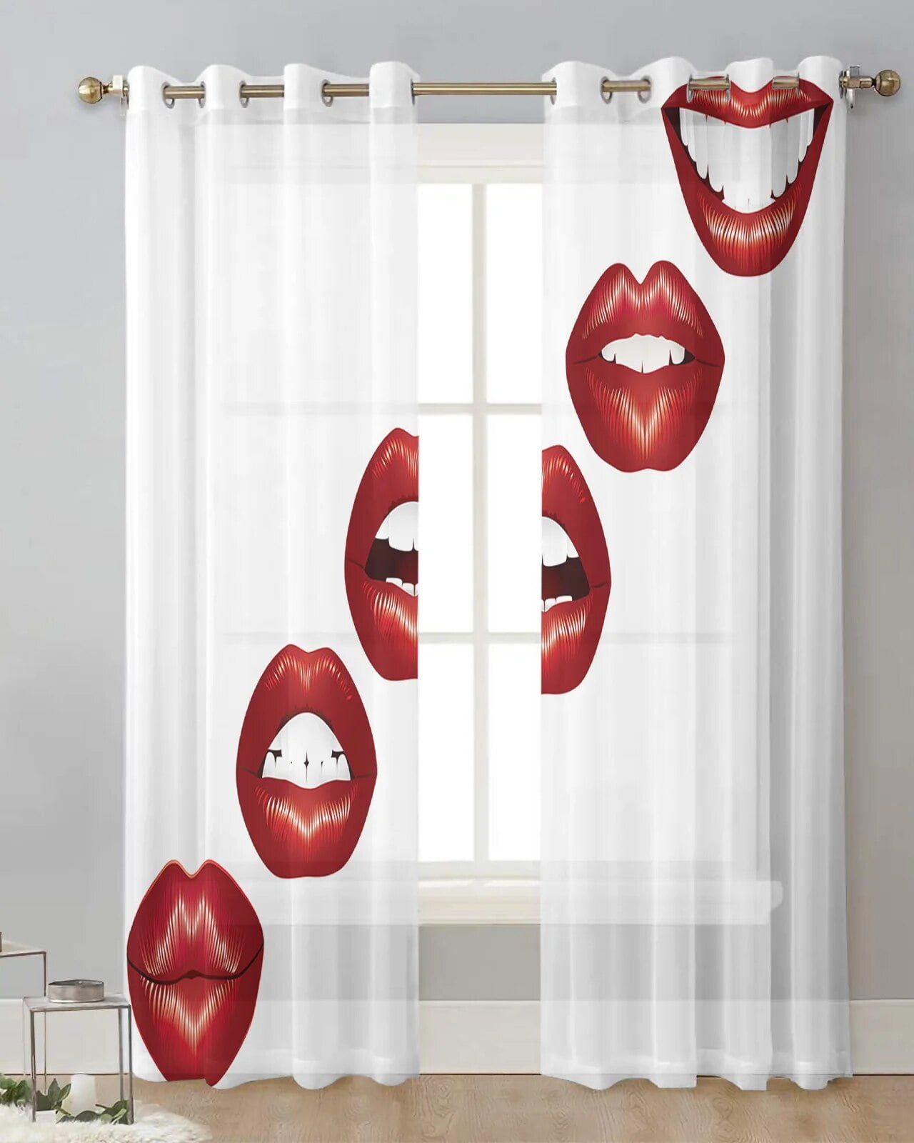 Red Lips Teeth Teeth White Background Tulle Drapes Living Room Sheer ...