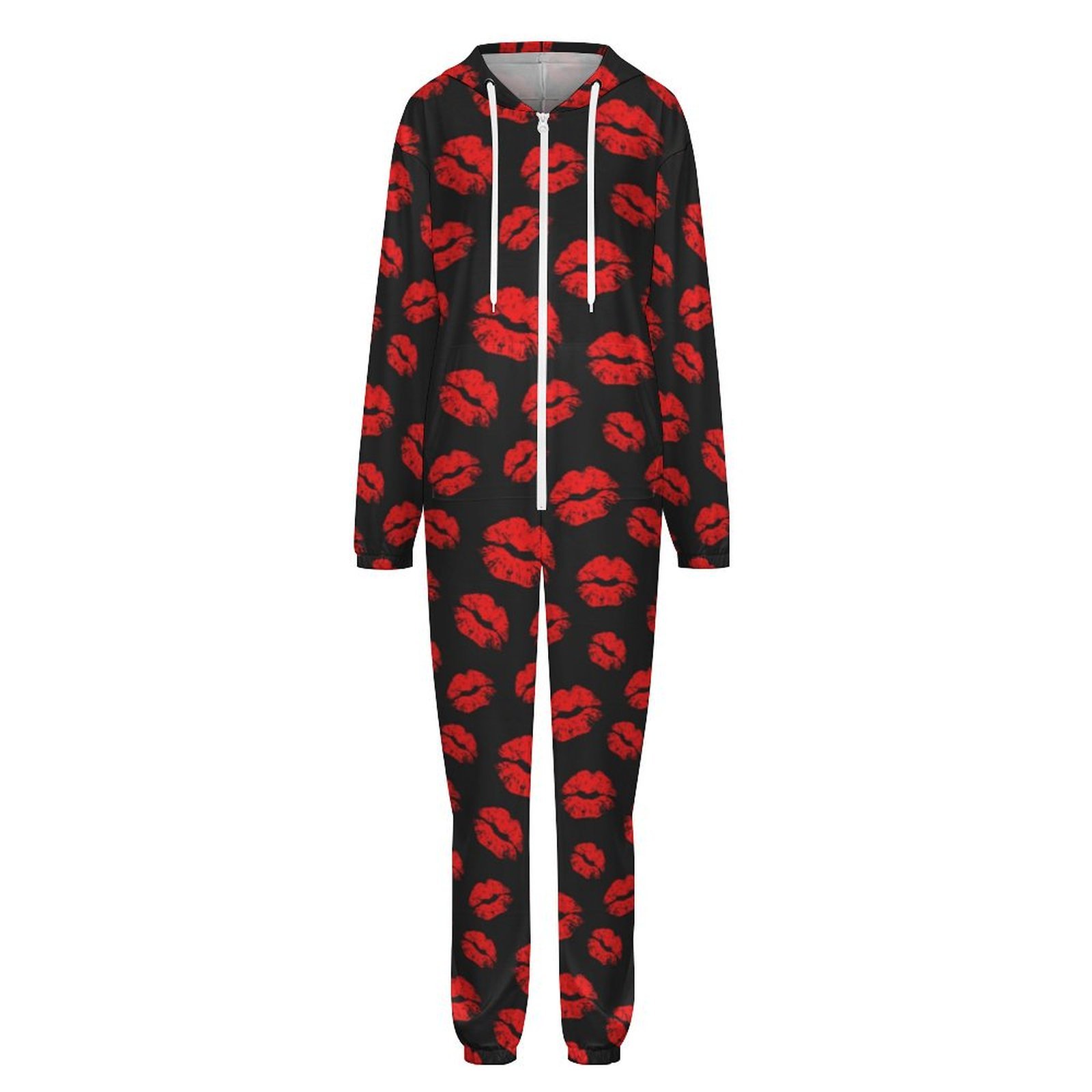 Red Lips Unisex Adult Onesie Pajamas with Pockets for Women Men Hooded ...