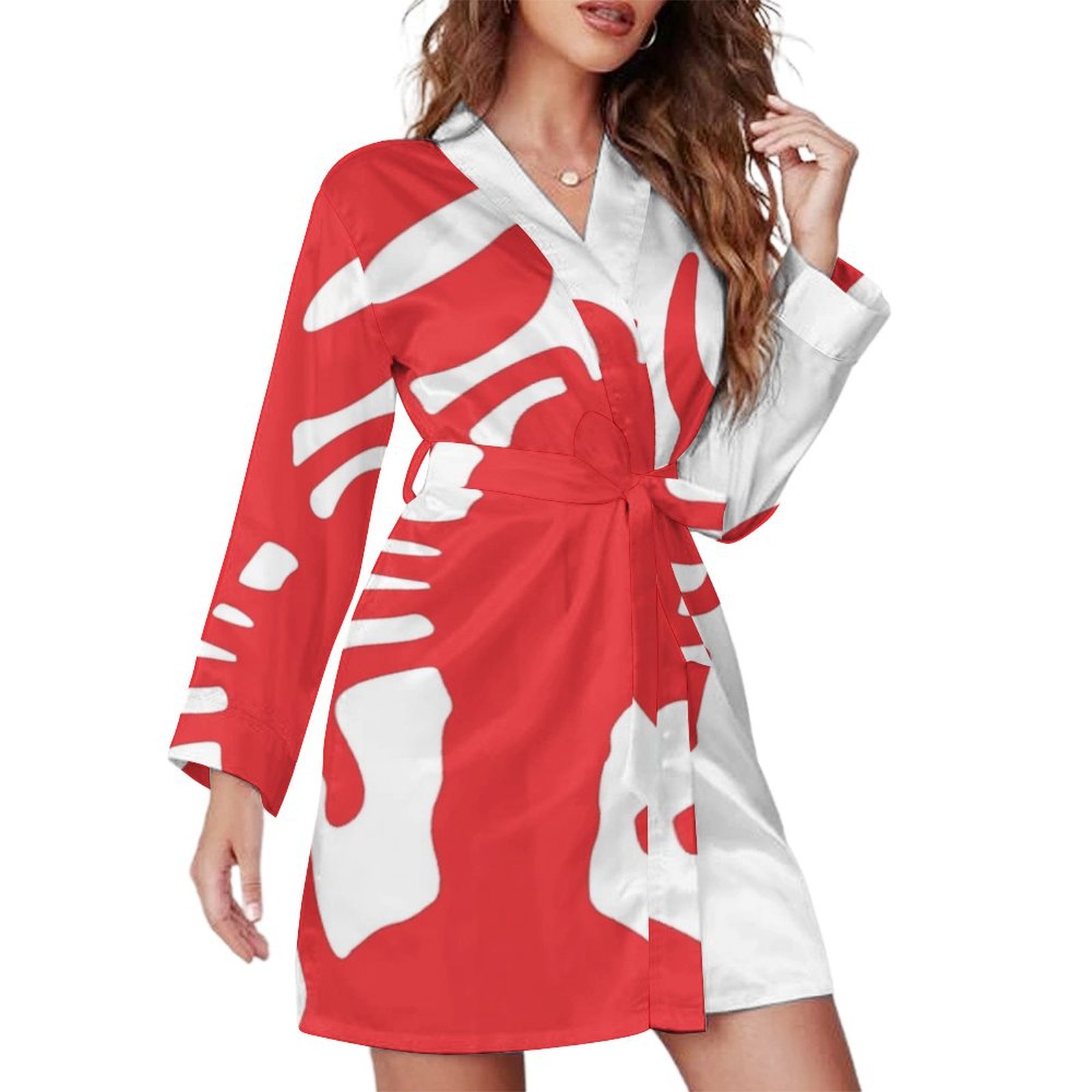 Red Lobster Flare Night Robe Long Sleeve V Neck Robe With Belt Women's ...