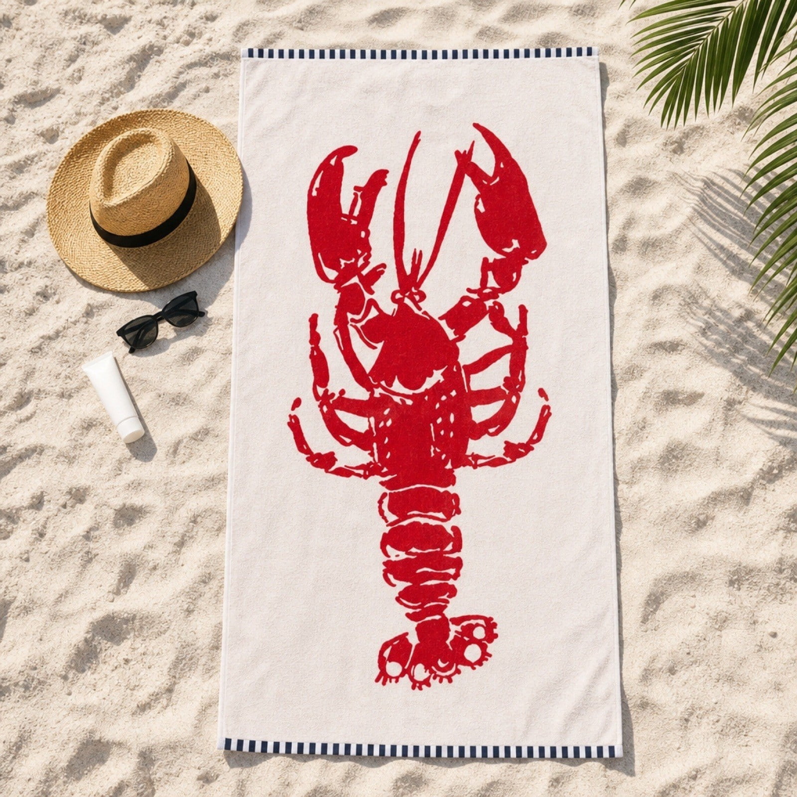 Red Lobster Print Cotton Beach Towel, 180x90cm With Striped Border ...