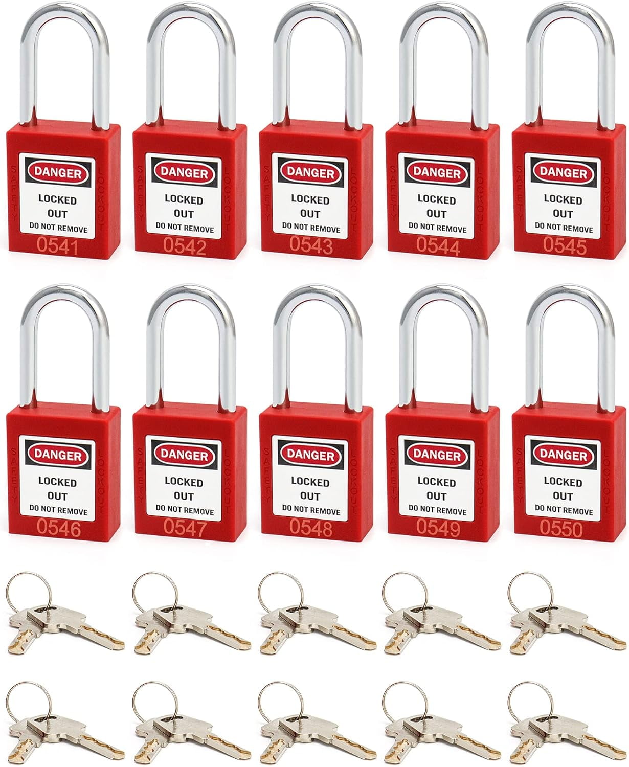 Red Lockout Tagout Safety Padlock, 10 Padlocks with 20 Keys, Keyed ...