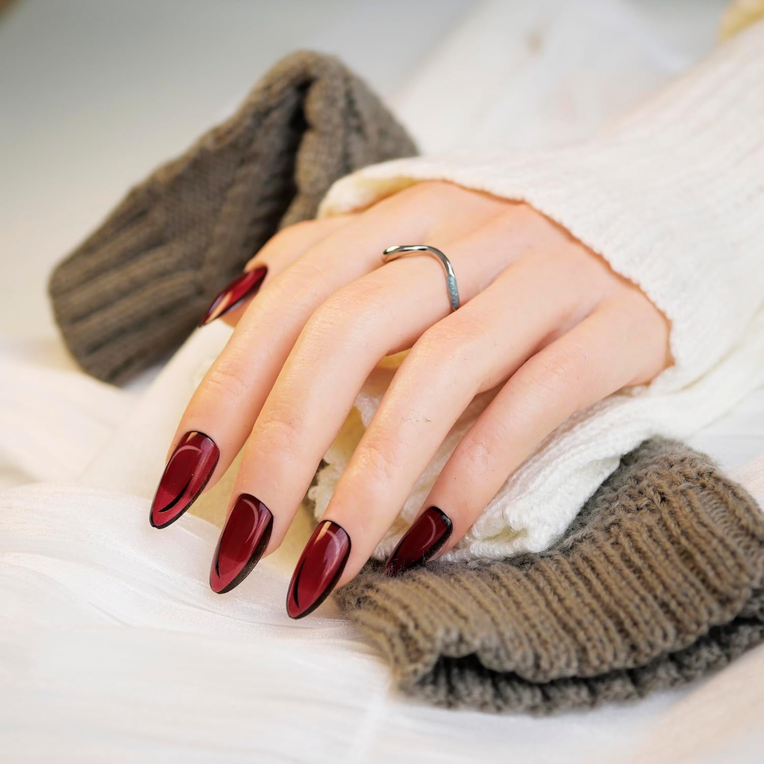 Red Long Fake Nails,Press on Nails Cat Eye,Middle Elliptic,30Pcs ...