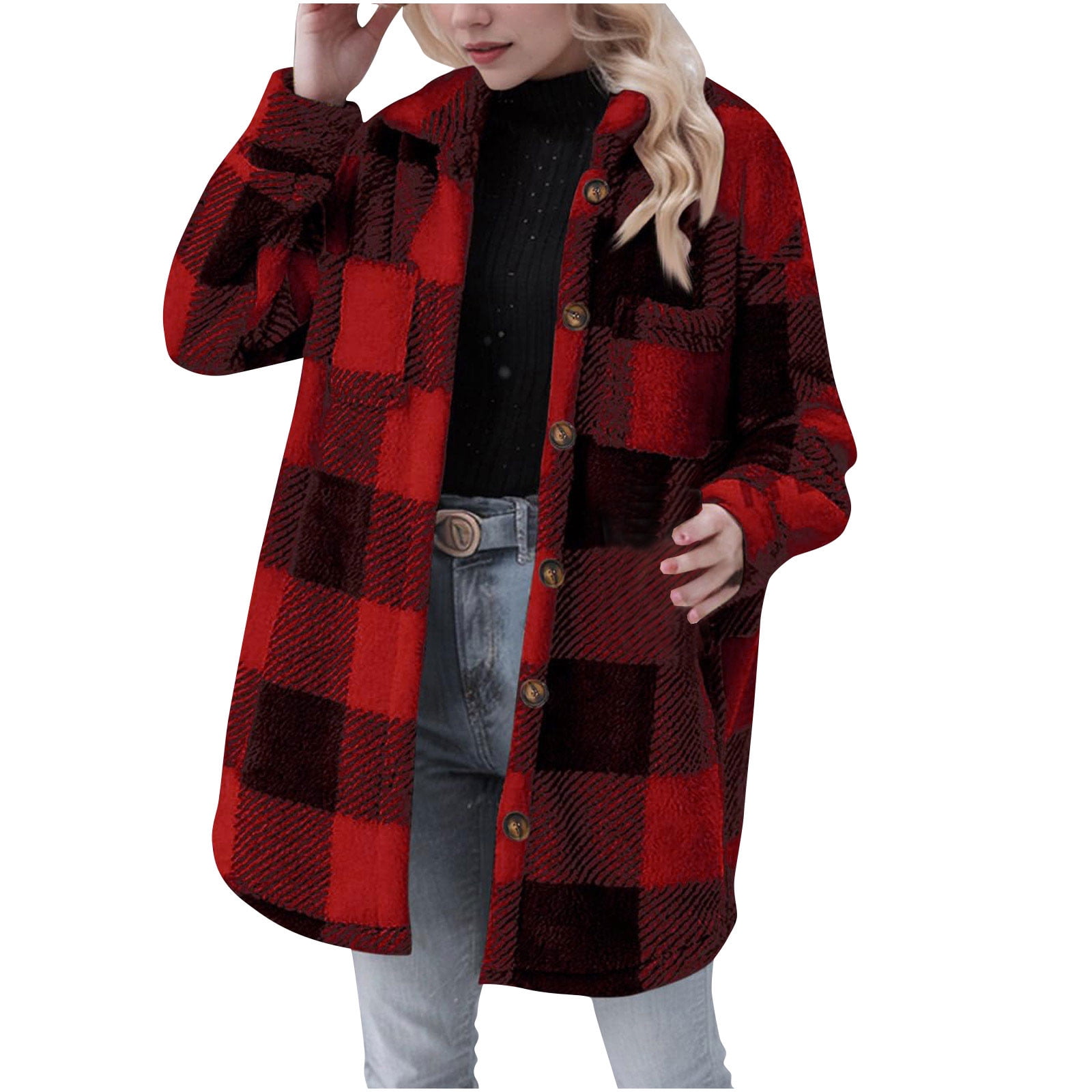 Red Long Sleeve Jackets for Women Winter Fall Turtleneck Plaid Thermal ...