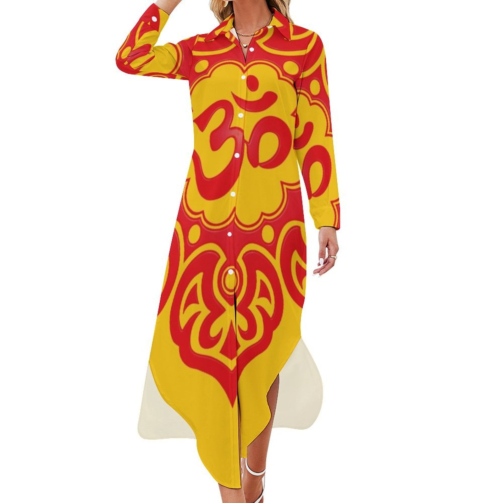 Red Lotus Flower Yoga Om Long Sleeved Shirt Dress loose summer dress ...