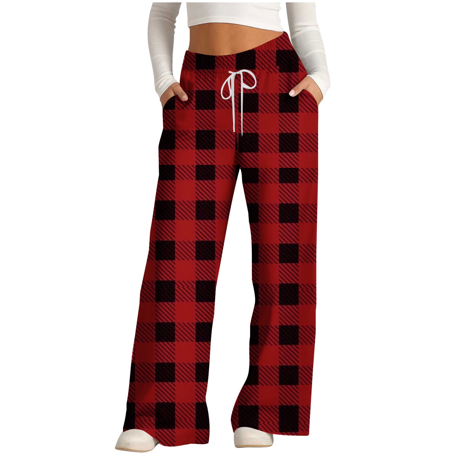Red Lounge Pants for Women Summer Fall Spandex Loose Fit Plaid High Leg ...