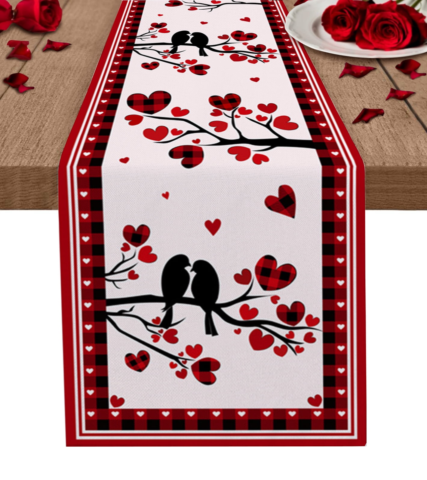 Red Love-Bird, Table Runner Valentine's Day Saint Tree Romantic Heart ...