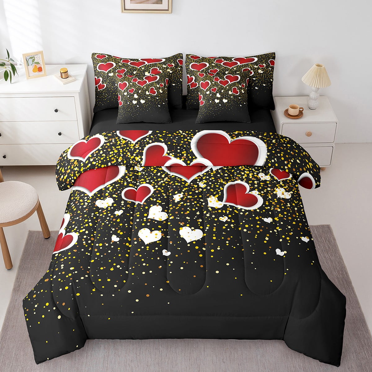 Red Love Heart Bed in a Bag King Size Comforter Set 7 Pieces,Gold ...